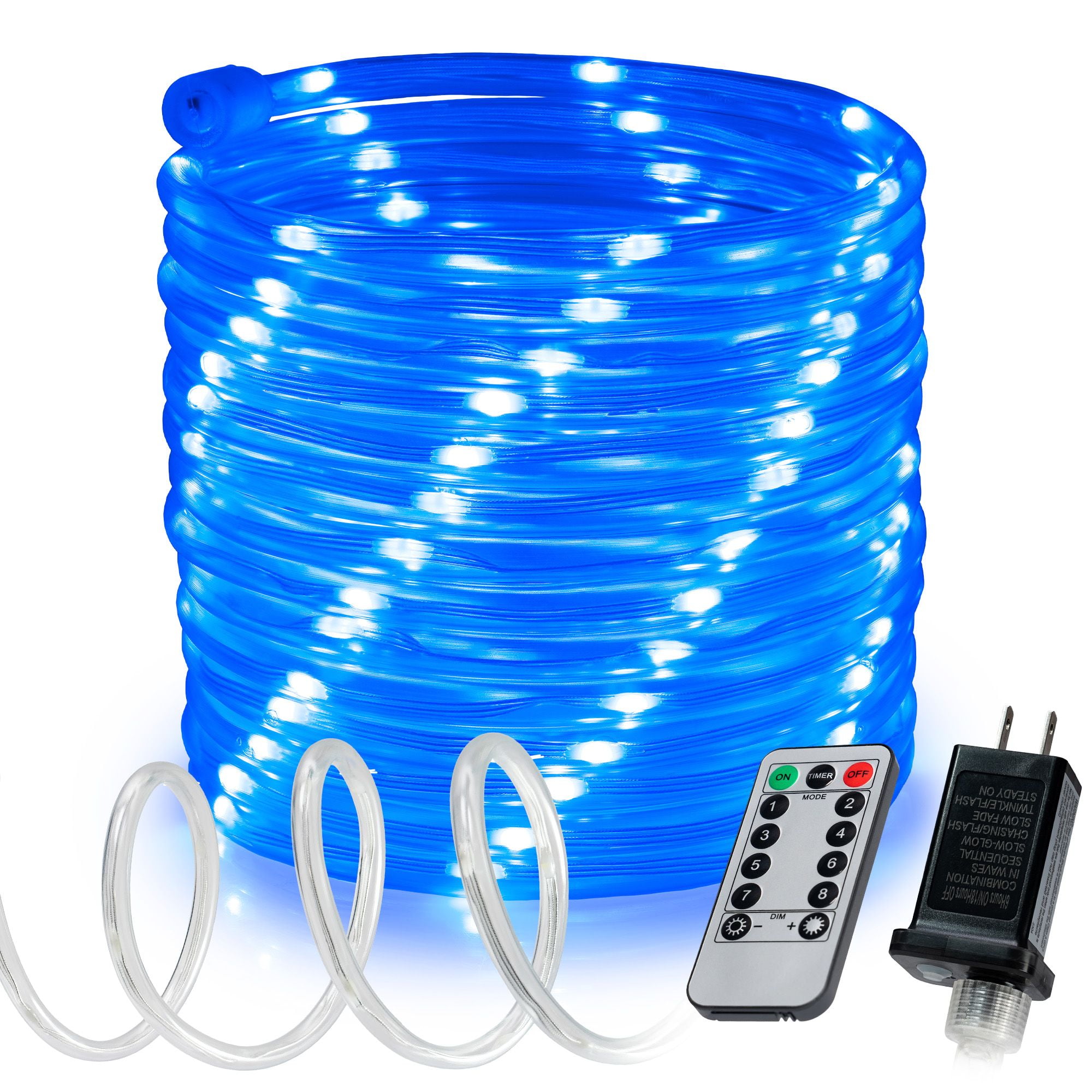 WYZworks 25ft Blue 8-Mode LED Rope Light w/Remote Control, Outdoor ...