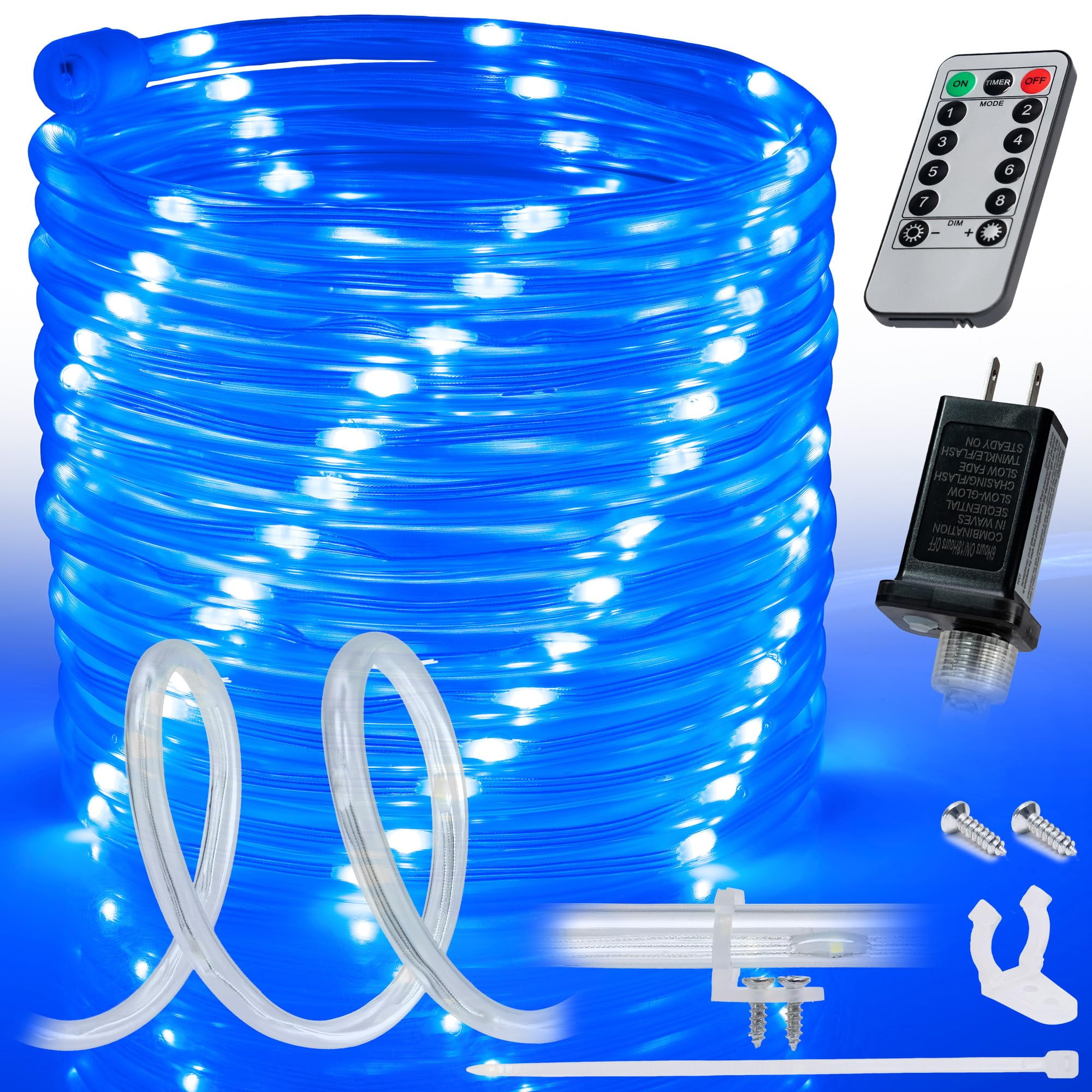 WYZworks 25ft Blue 8-Mode LED Rope Light w/Remote Control, Outdoor ...