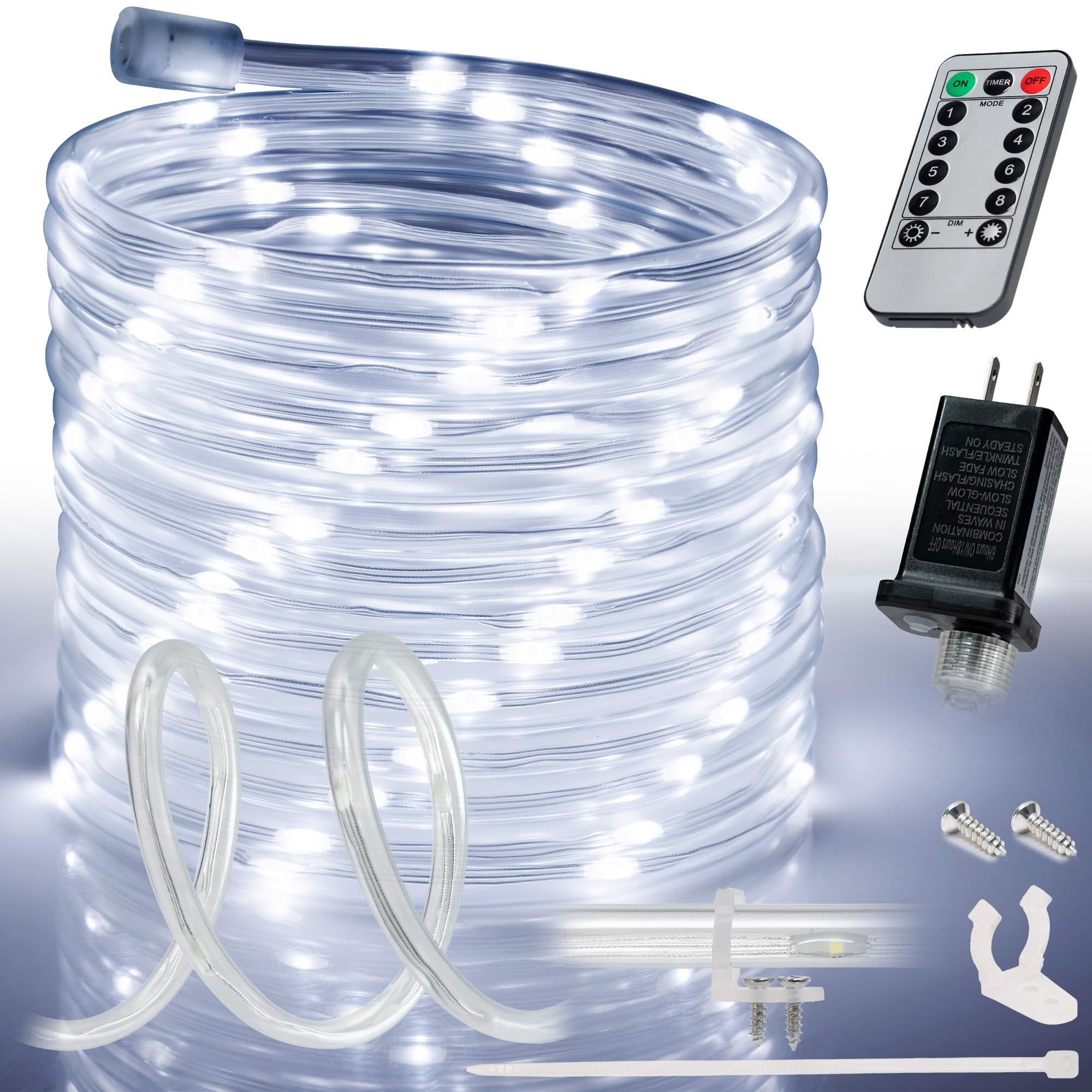 WYZworks 50ft Cool White LED Outside Rope Light - 8 Modes, Waterproof ...