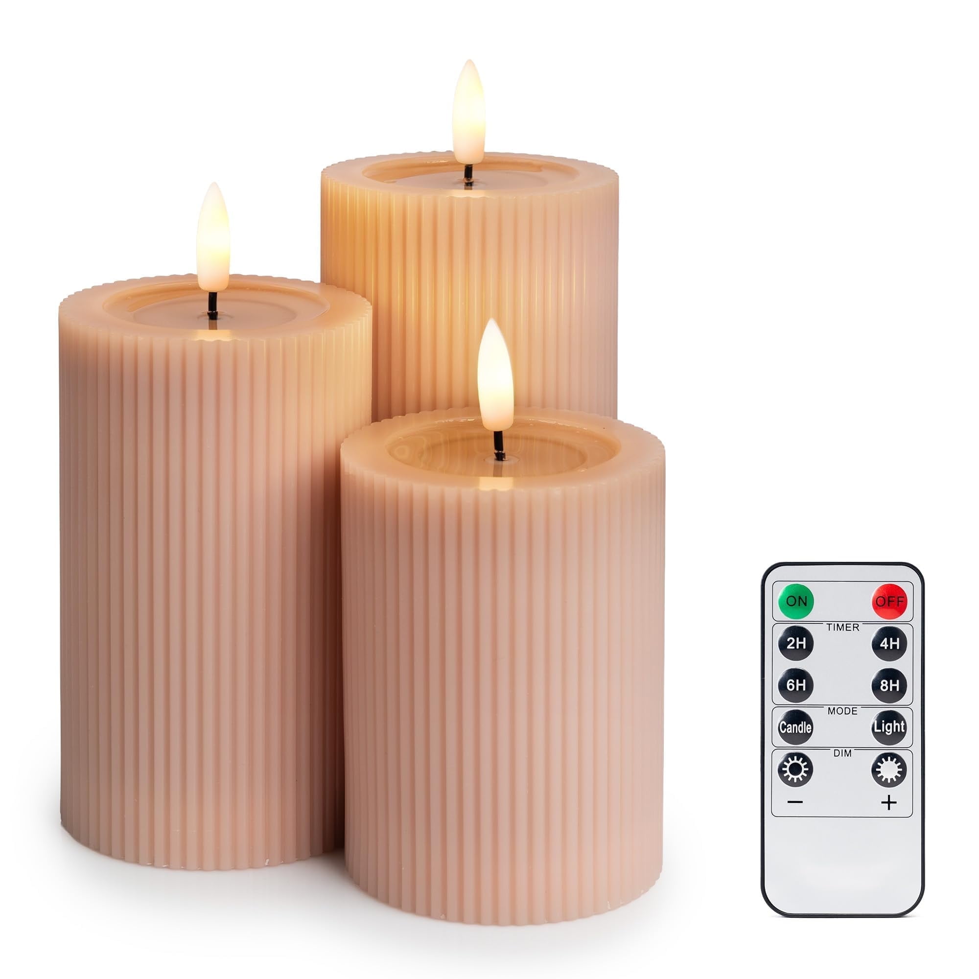 WYZworks Fluted Ribbed LED Pillar Candles, Blush Beige, with Realistic ...