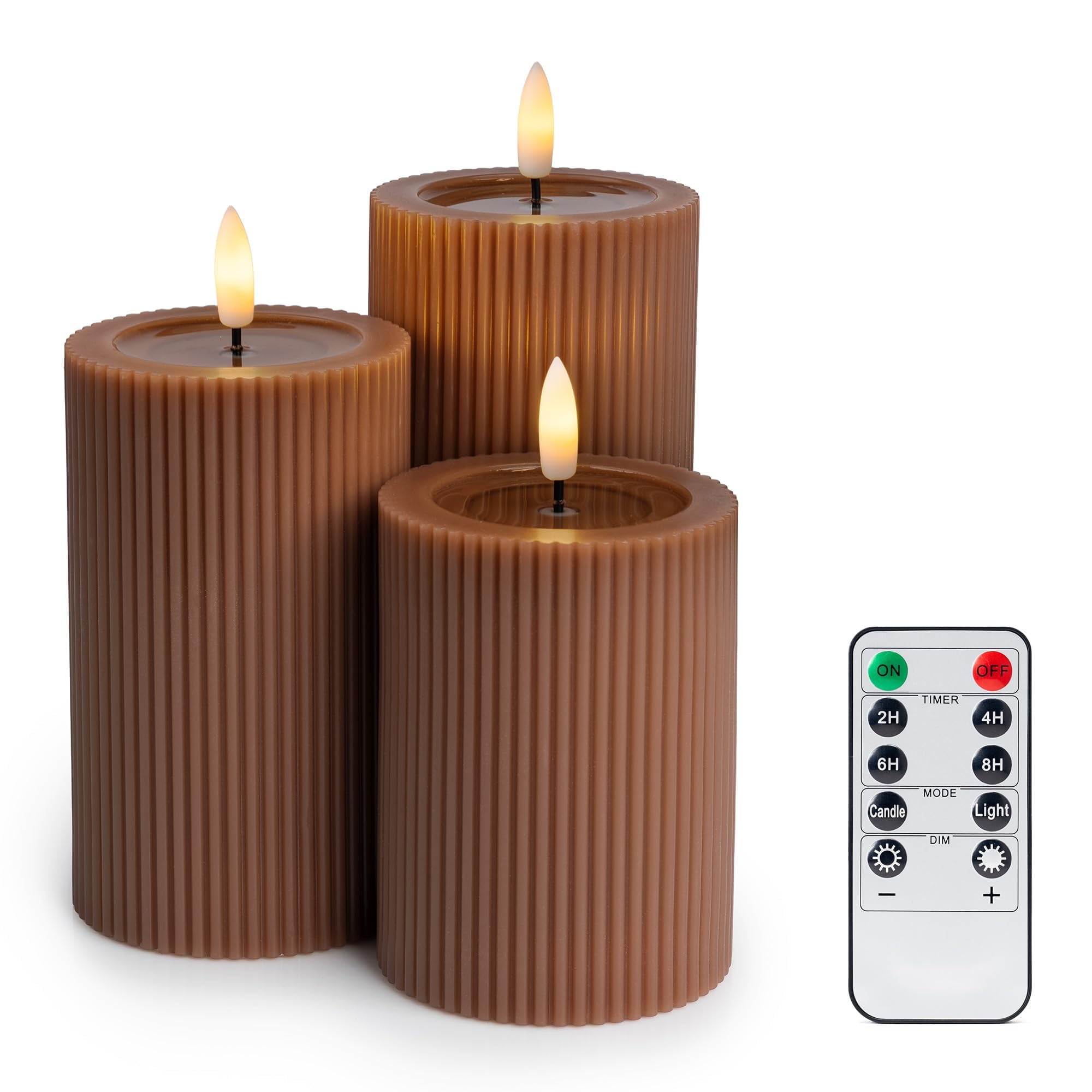 WYZworks Fluted Ribbed LED Pillar Candles, Brown, with Realistic ...