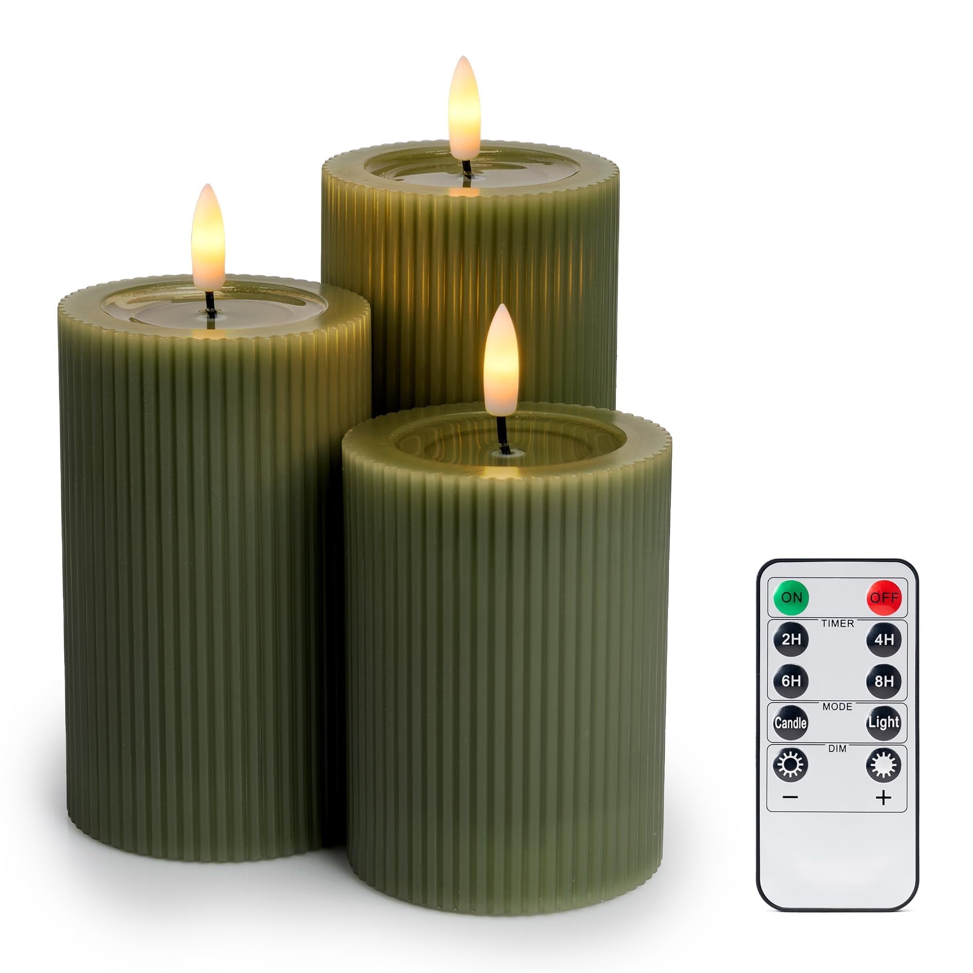 WYZworks Fluted Ribbed LED Pillar Candles, Loden Green, with Realistic ...