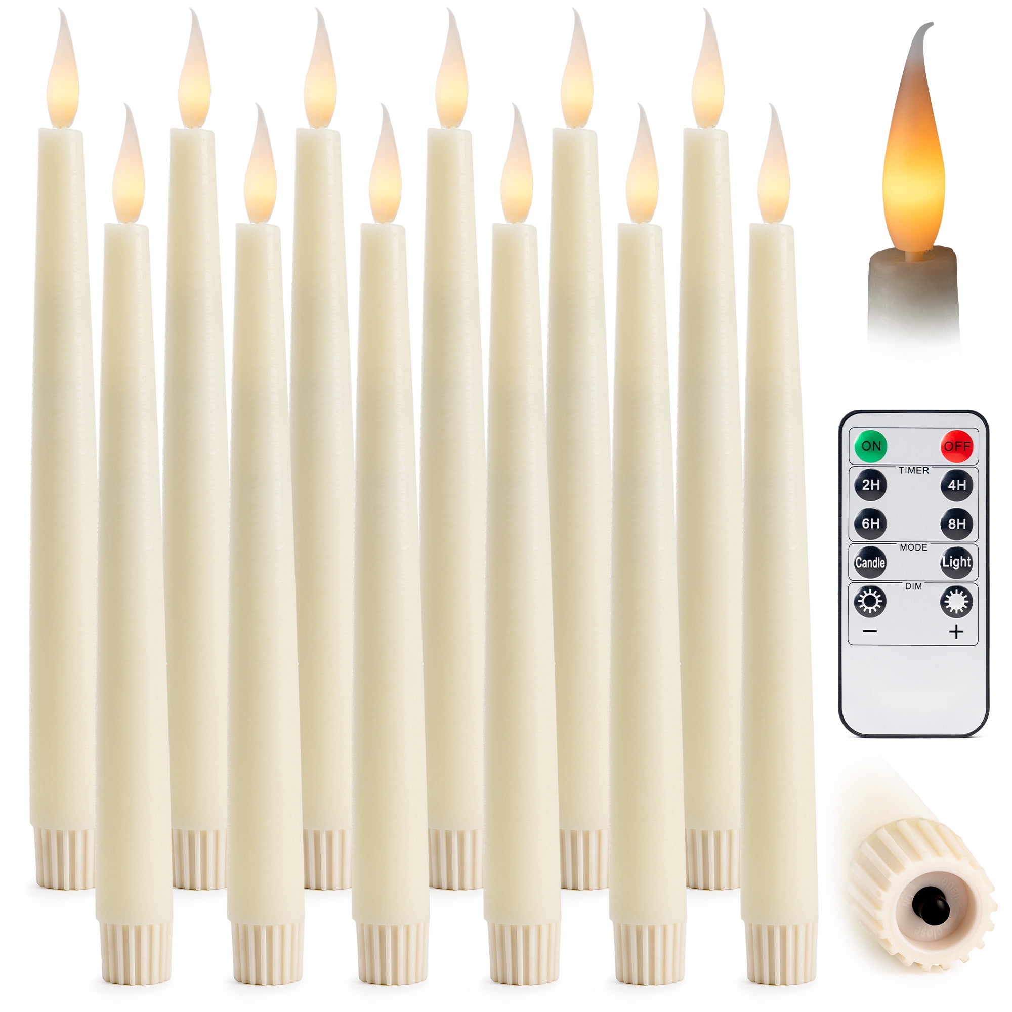 WYZworks Set of 12, 10" LED Flameless Ivory Real Wax Taper Flickering ...