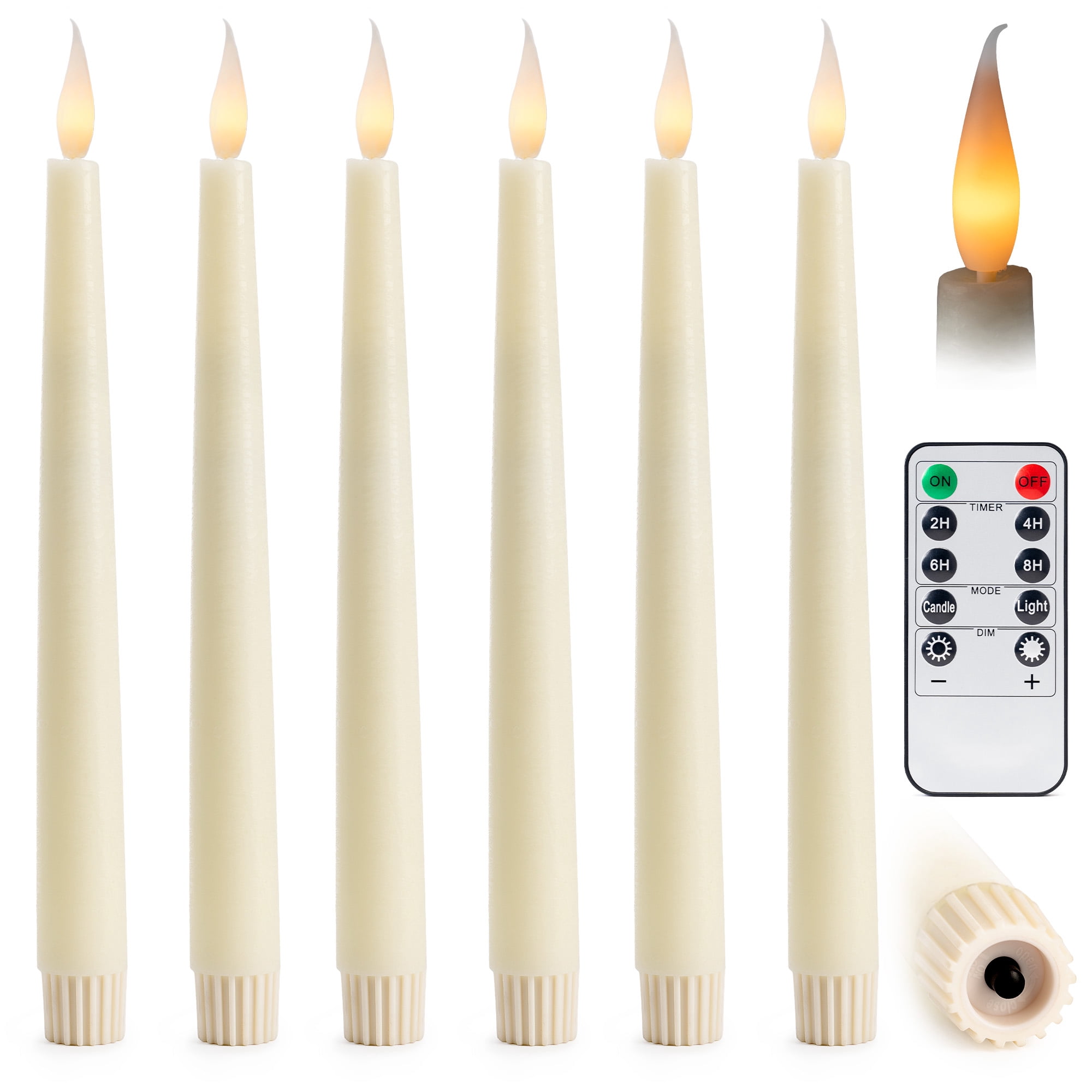 WYZworks Set of 6, 10" LED Flameless Ivory Real Wax Taper Flickering ...