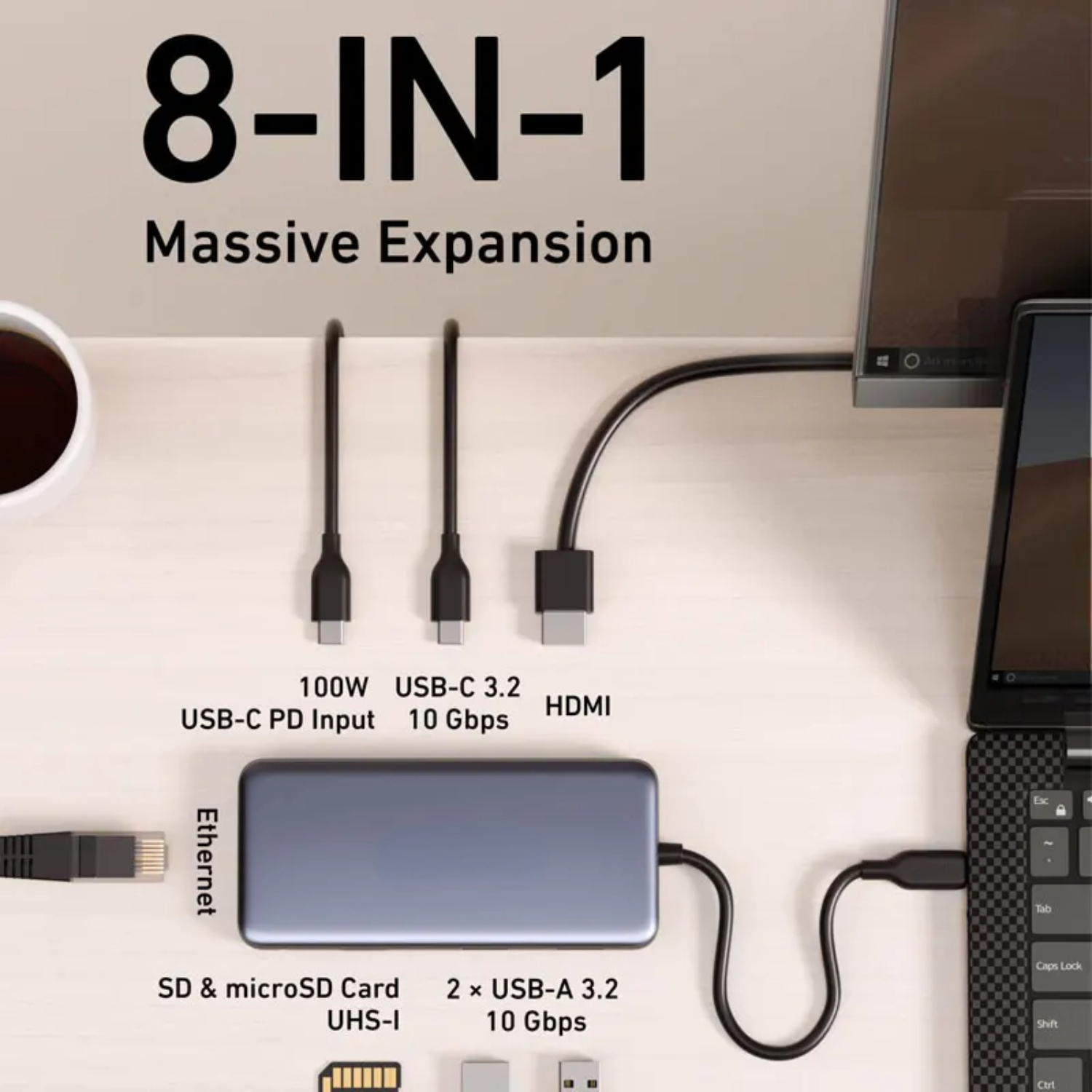 WZOQNI 555 USB-C Hub (8-in-1) with 100W Power Delivery 4K 60Hz Port 10Gbps USB C and 2 A Data ...