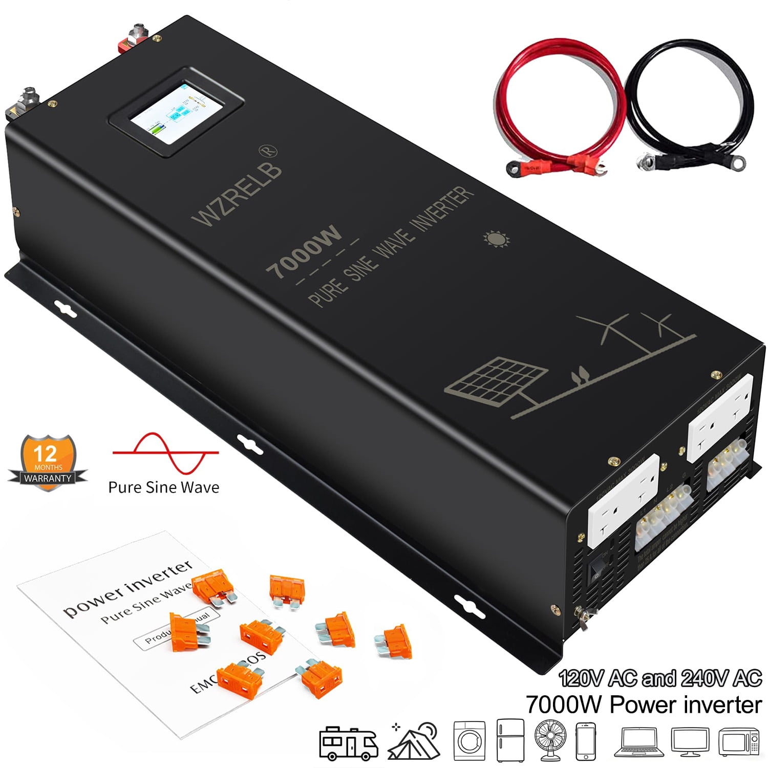 WZRELB 7000W Pure Sine Wave Inverter, 24V DC to 120V 240V AC, 4 AC ...