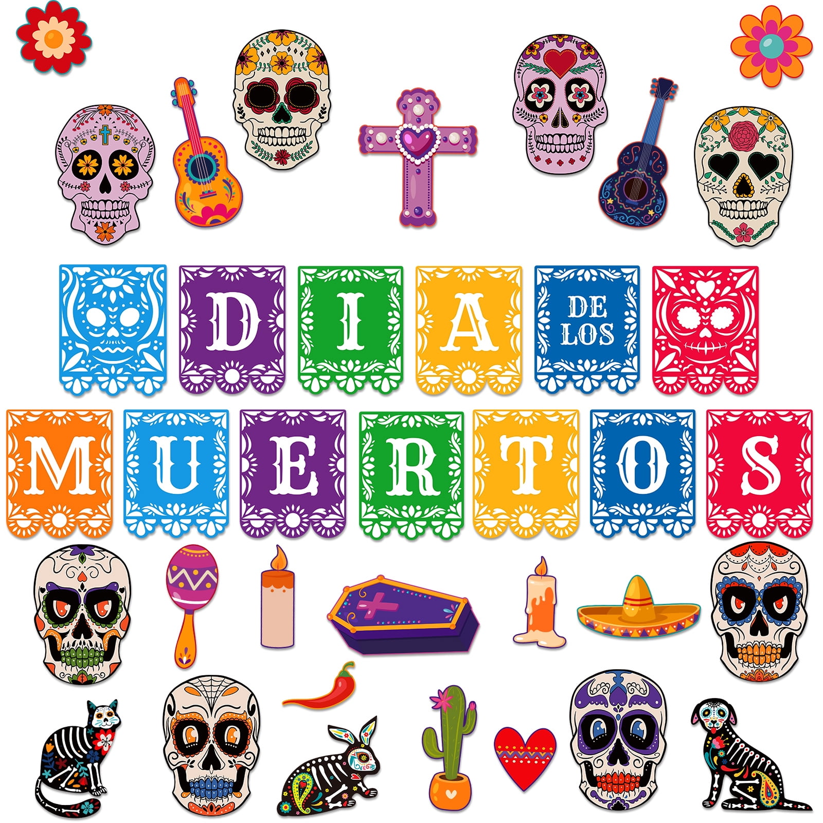 WaaHome Dia De Los Muertos Decorations, Sugar Skull Halloween Cutouts ...