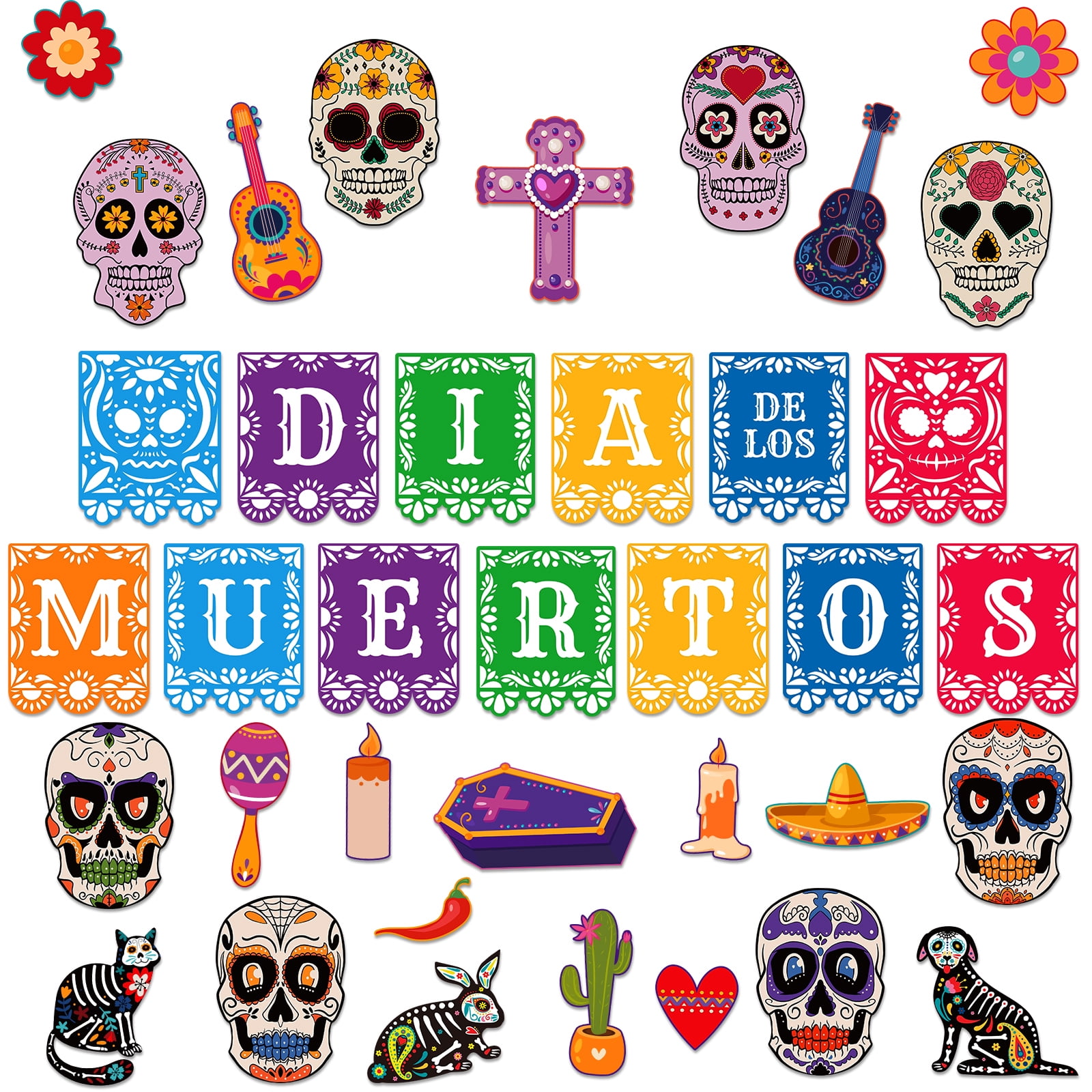 WaaHome Dia De Los Muertos Decorations, Sugar Skull Halloween Cutouts ...