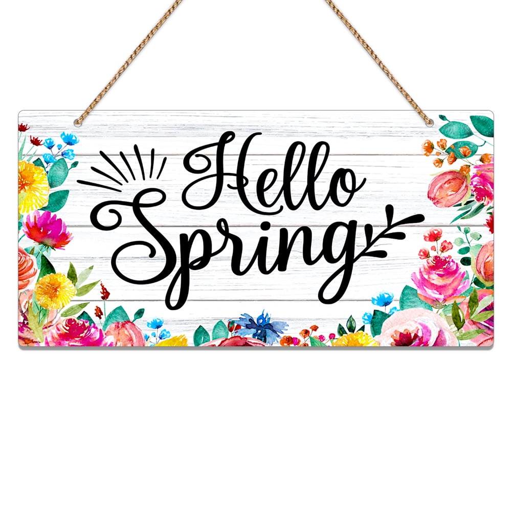 WaaHome Hello Spring Door Sign,6"x12" Colorful Flowers Hanging Sign ...