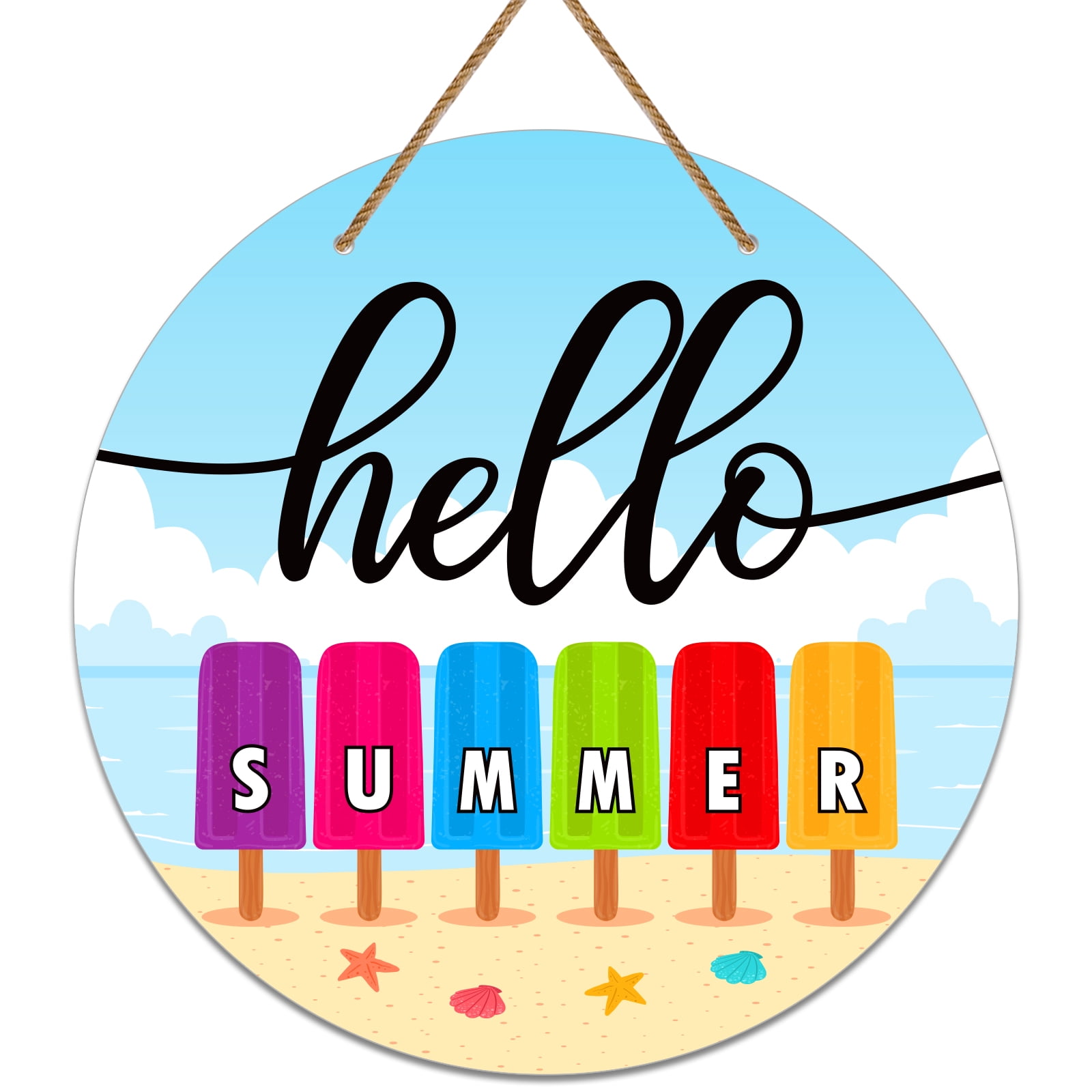WaaHome Hello Summer Door Sign, 11.5" Round Ice Cream Summer Decor Sign ...