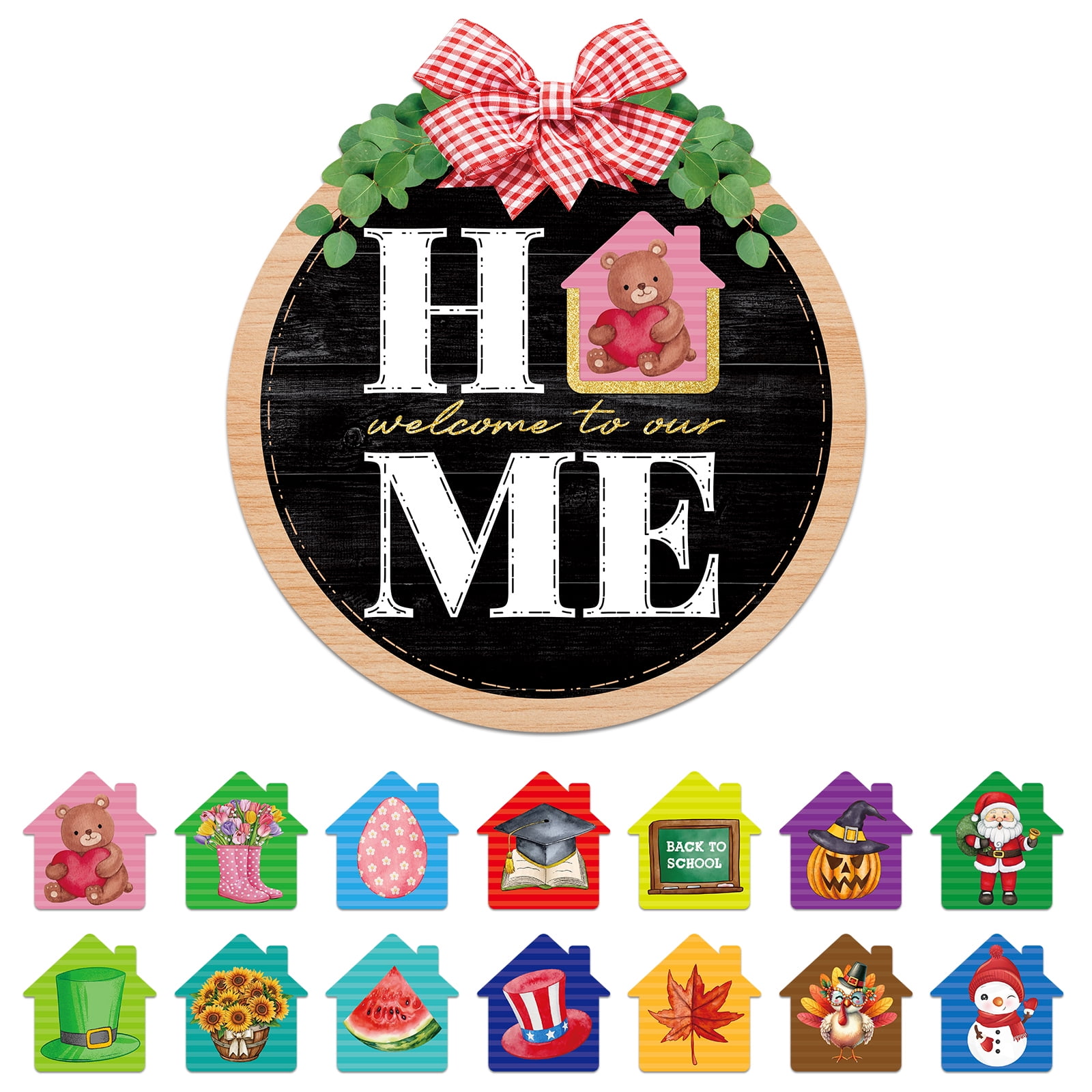 WaaHome Interchangeable Welcome Sign Front Door Wreath with 7 ...