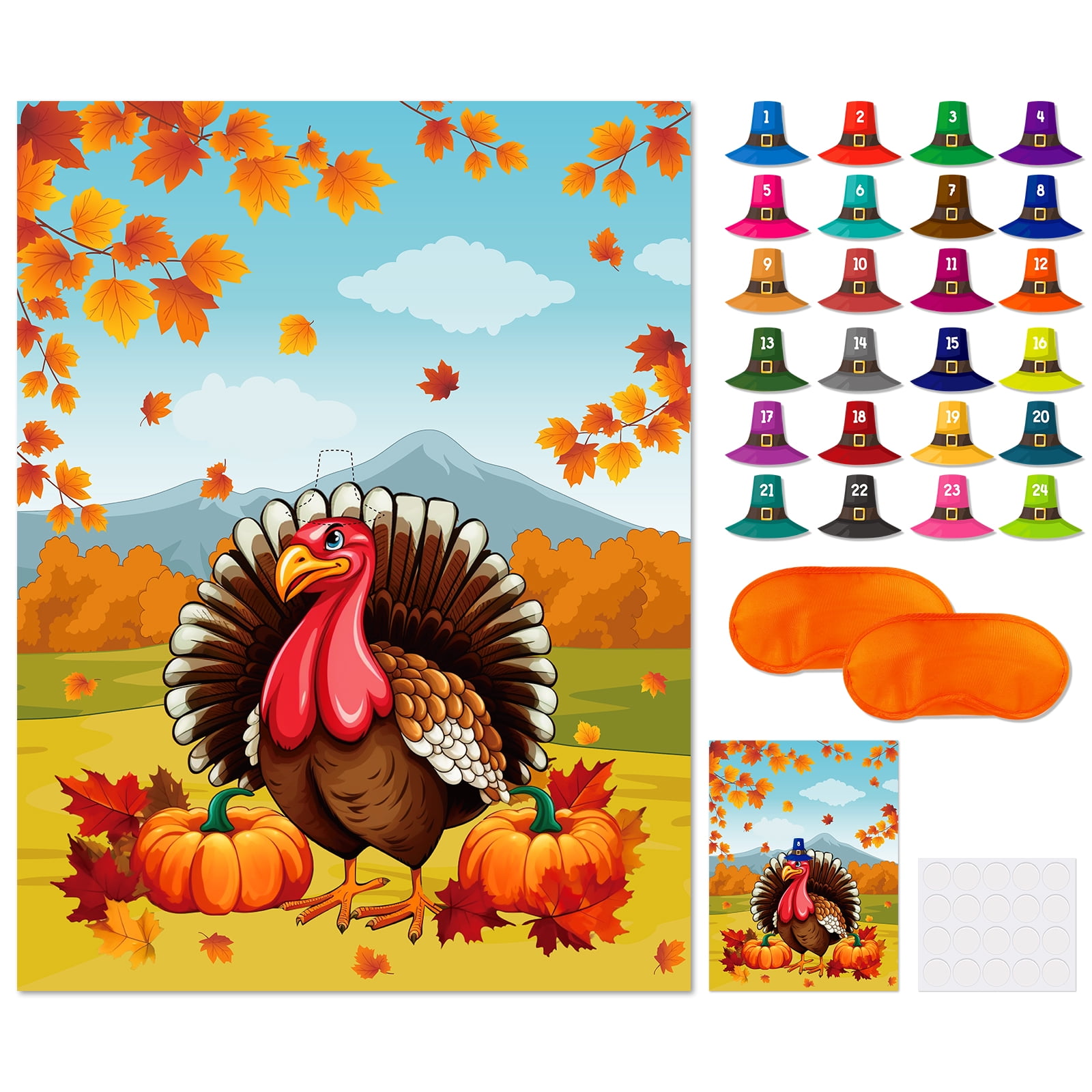 WaaHome Thanksgiving Turkey Pin Game 26"x 20" Pin the Hat on the Turkey ...