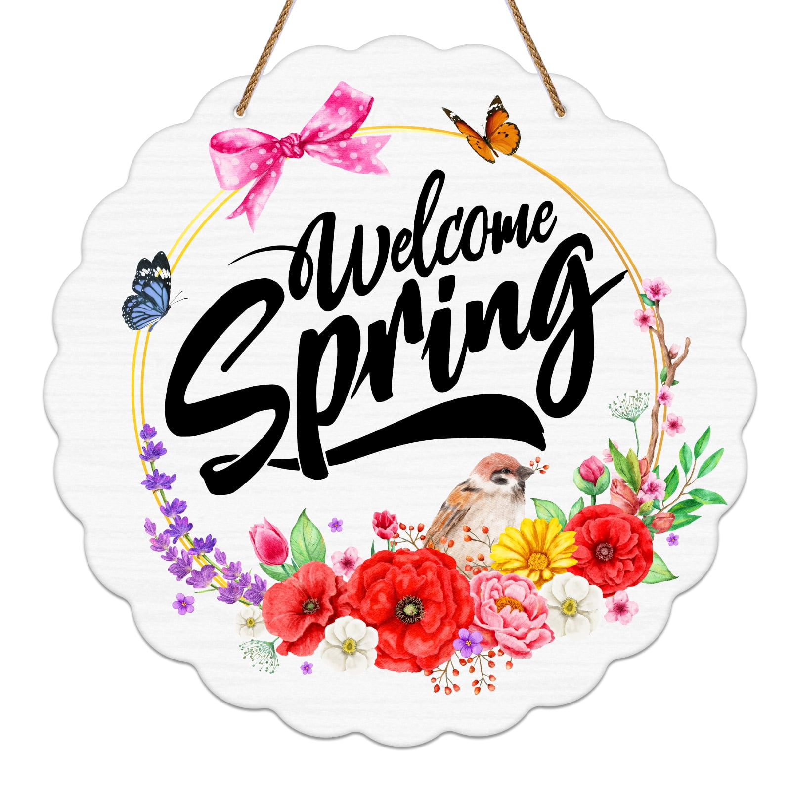 WaaHome Welcome Spring Wreath Door Sign 11.5" Colorful Flower Butterfly ...