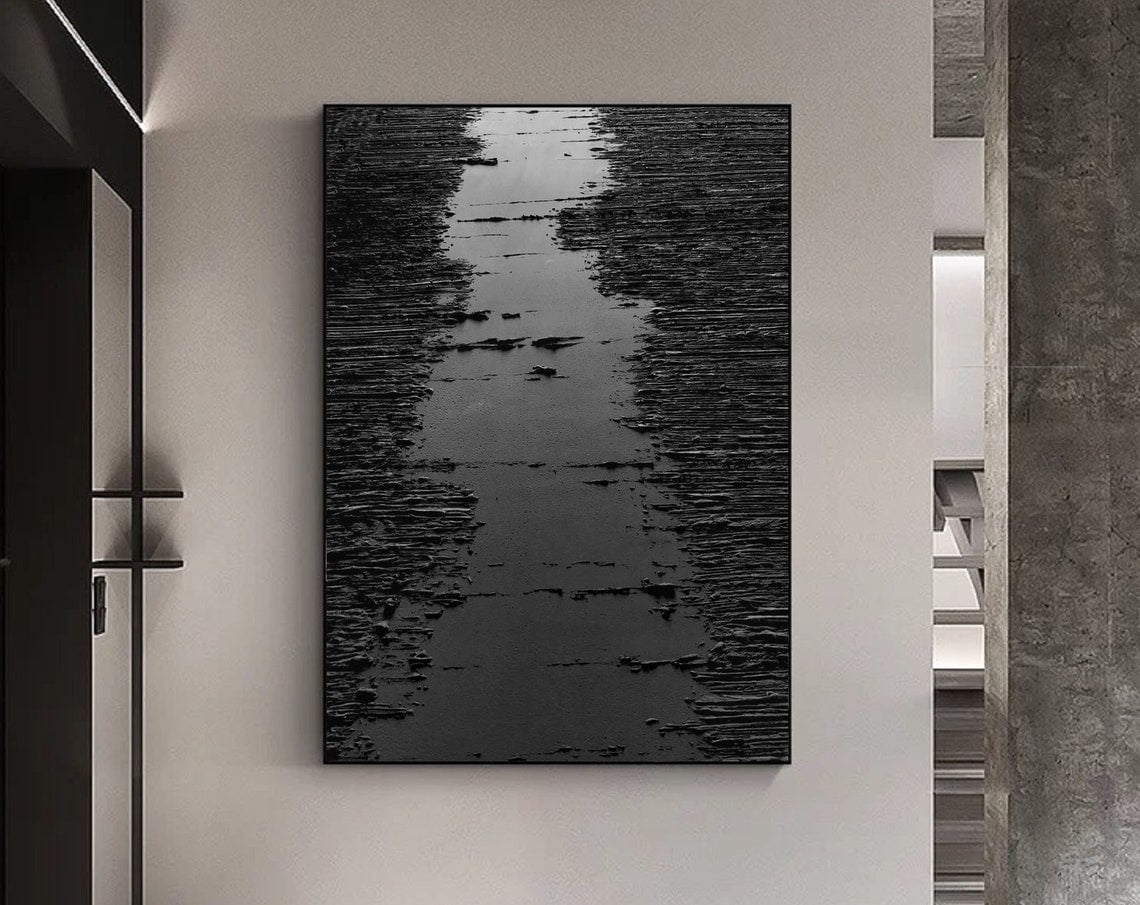 Wabi Sabi Wall Art Black 3D Textured Painting Black Plaster Wall Art ...