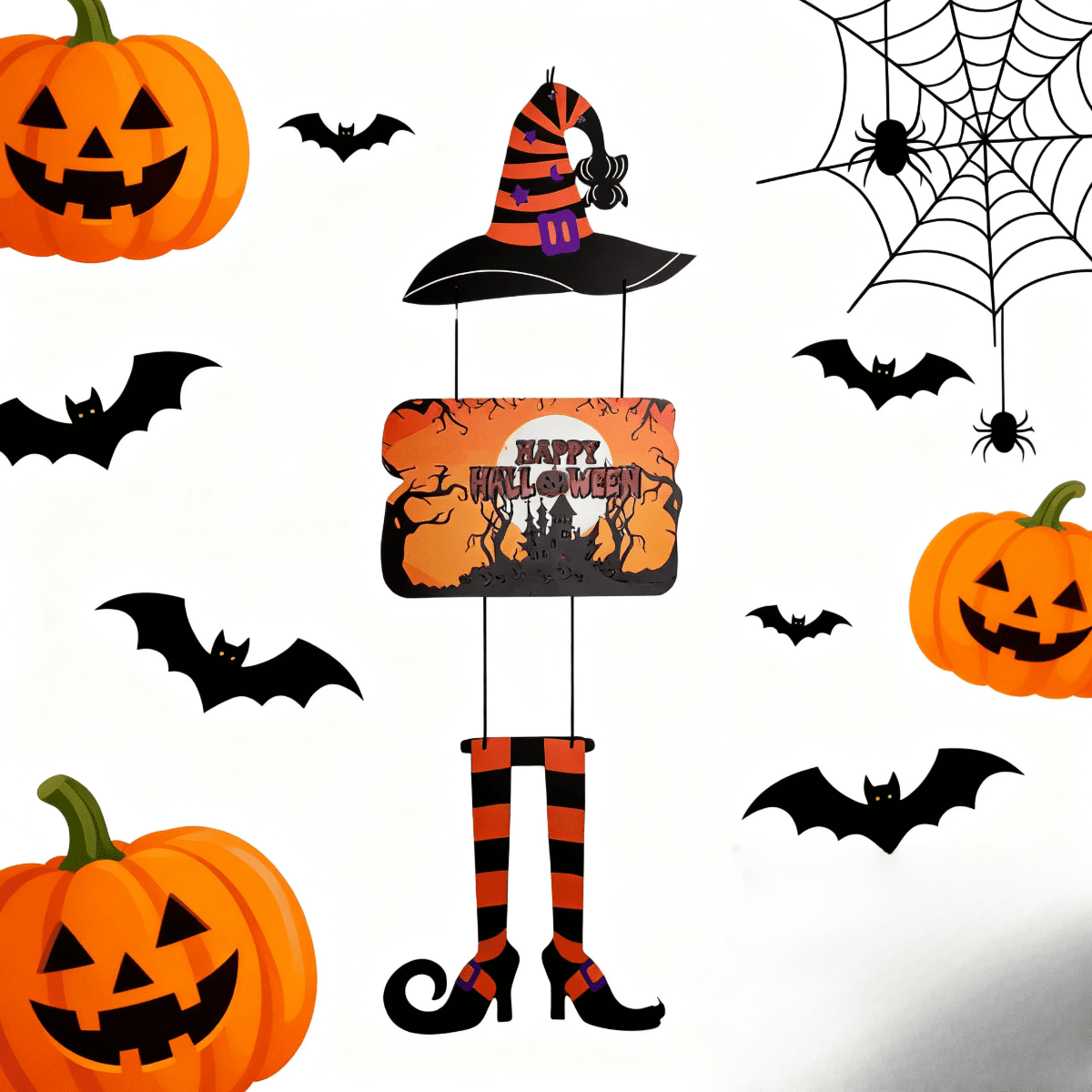 Wacky Witch Legs Hat Wooden Hanging Sign - Orange Happy Halloween Wall ...