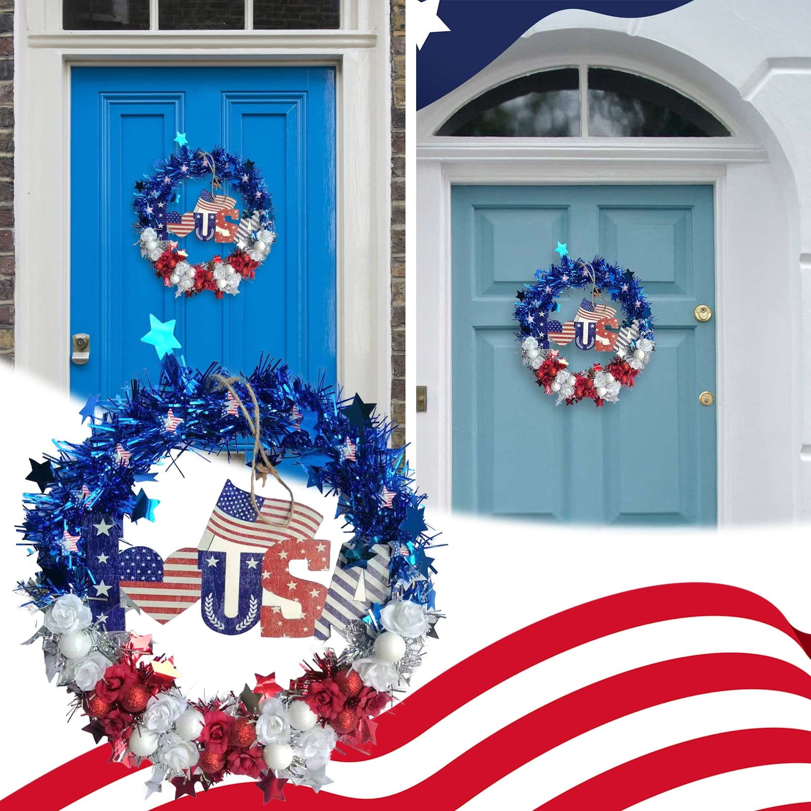 Wadada 15.7 Inch Patriotic Red White Blue Glitter Stars Wreath for ...