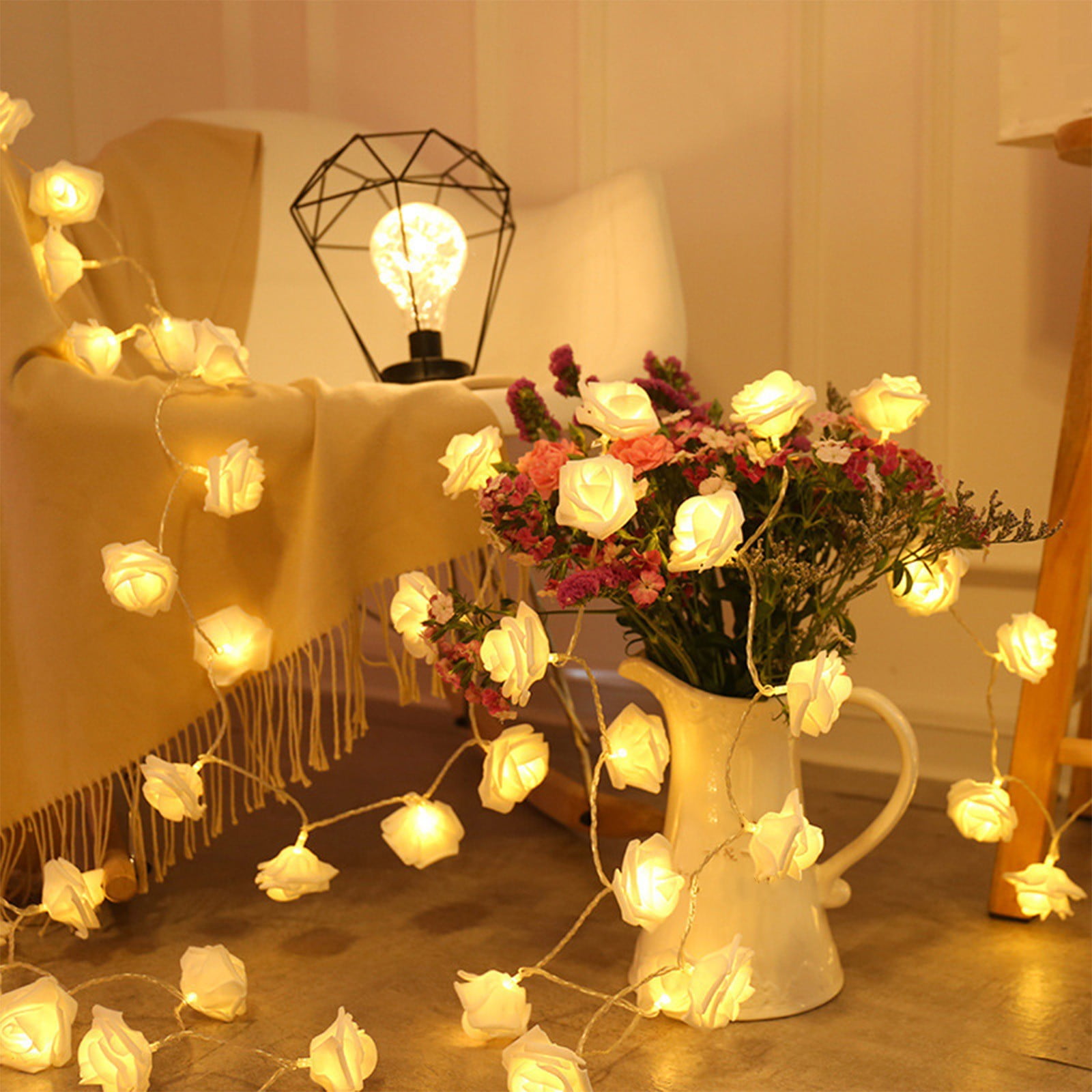 Wadada White LED Rose Flower String Lights, 10 ft Flower Fairy String ...