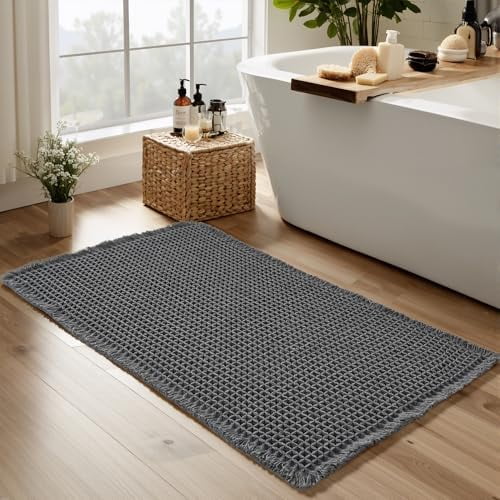 Waffle Bath Mat for Bathroom Tub, Black Non Slip Dry Fast Ultra Soft ...
