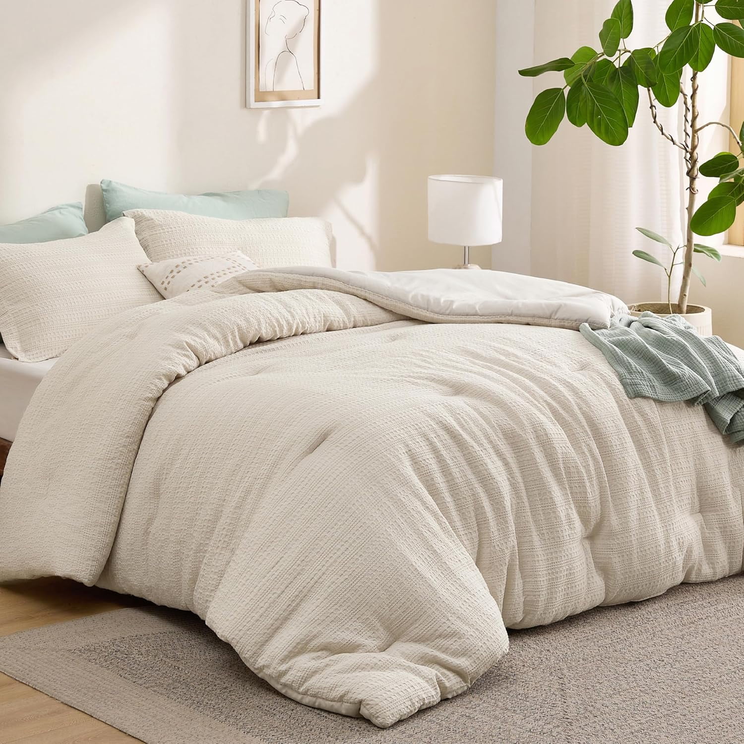 Waffle Comforter Set Queen, Soft and Breathable Coconut White Bedding ...