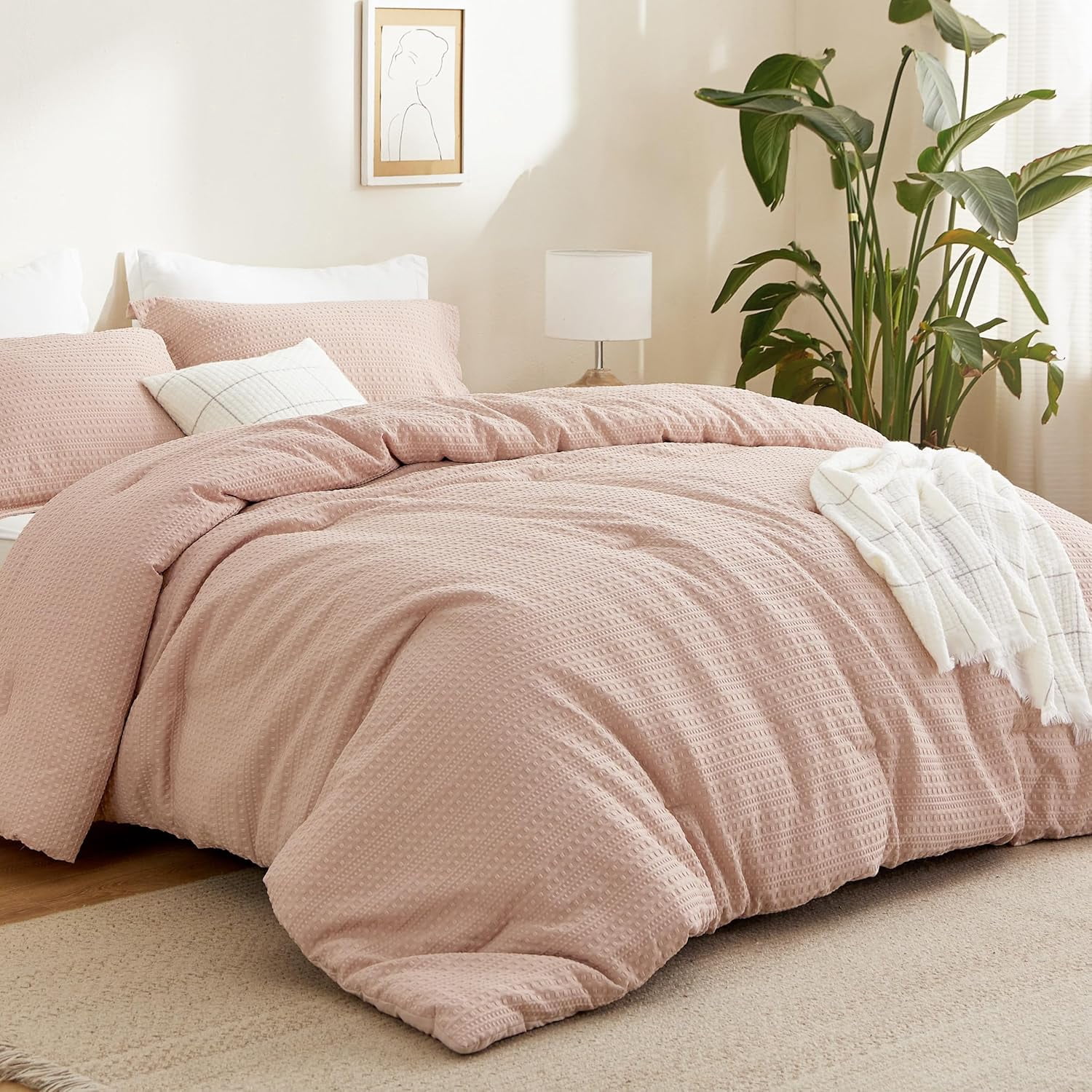 Waffle Comforter Set Queen, Soft and Breathable Coconut White Bedding ...