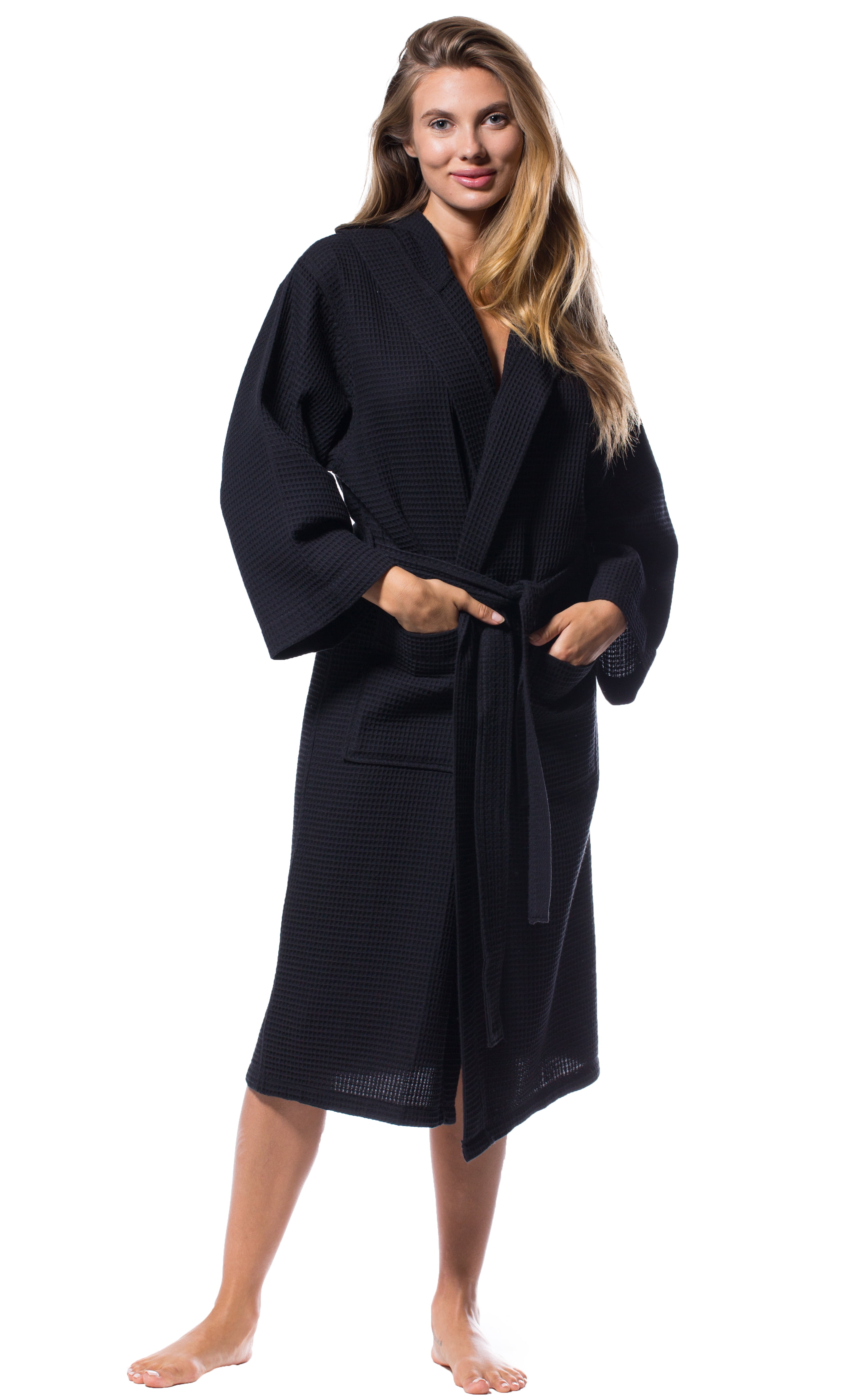Waffle Hooded Long Robe Square Pattern Black - Walmart.com