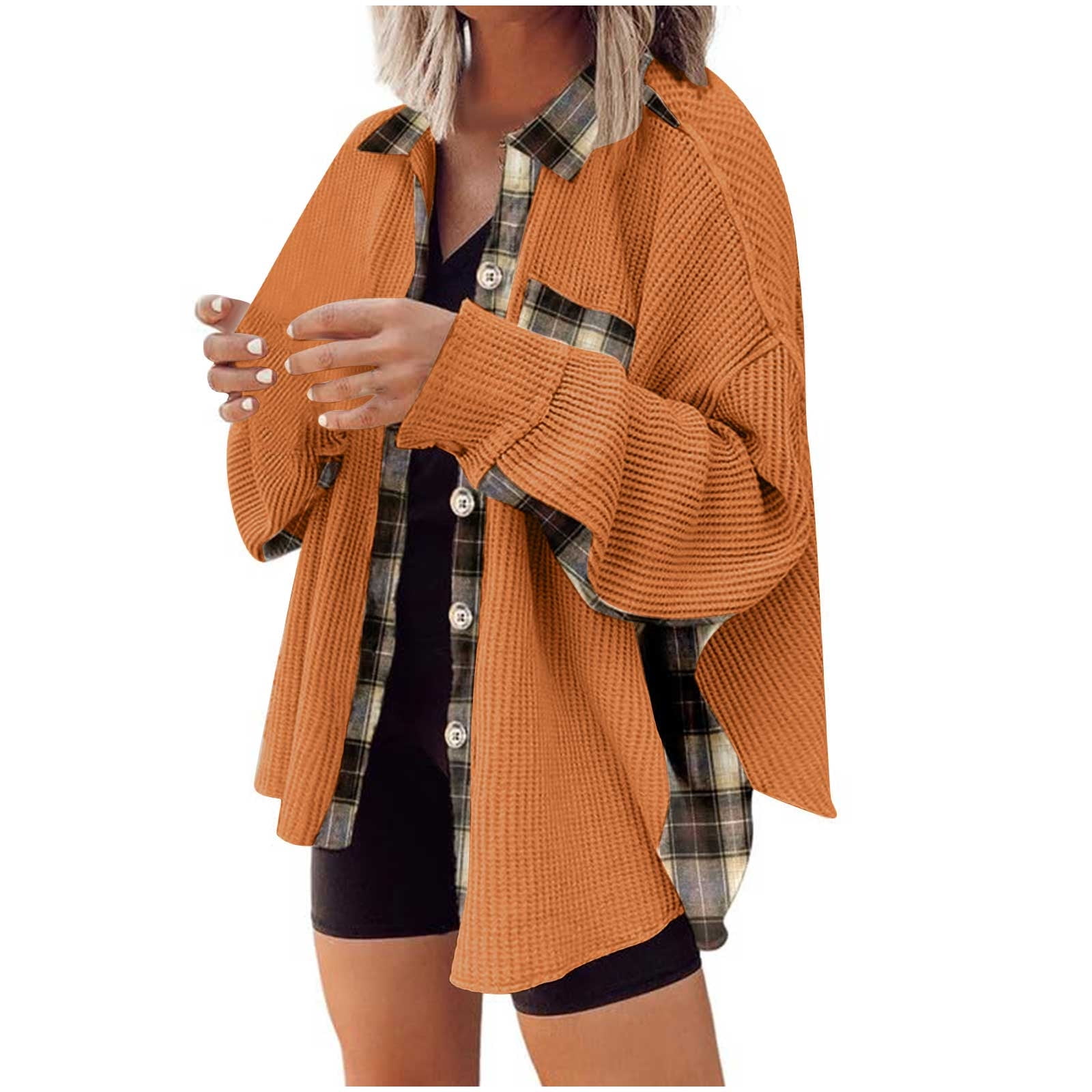 Waffle Knit Plaid Shacket Women,2024 Womens Waffle Knit Plaid Shacket ...