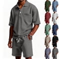 Waffle Knit Polo Shirt and Shorts Set for Men Short Sleeve Button Down ...