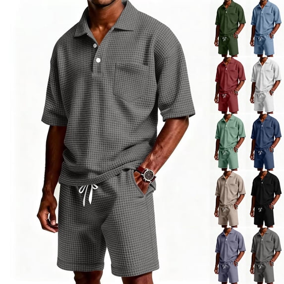 Waffle Knit Polo Shirt and Shorts Set for Men Short Sleeve Button Down ...