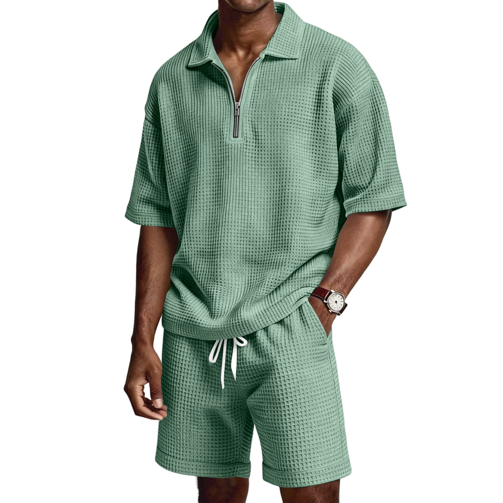 Waffle Knit Polo Shirt and Shorts Set for Men Short Sleeve Quarter Zip ...