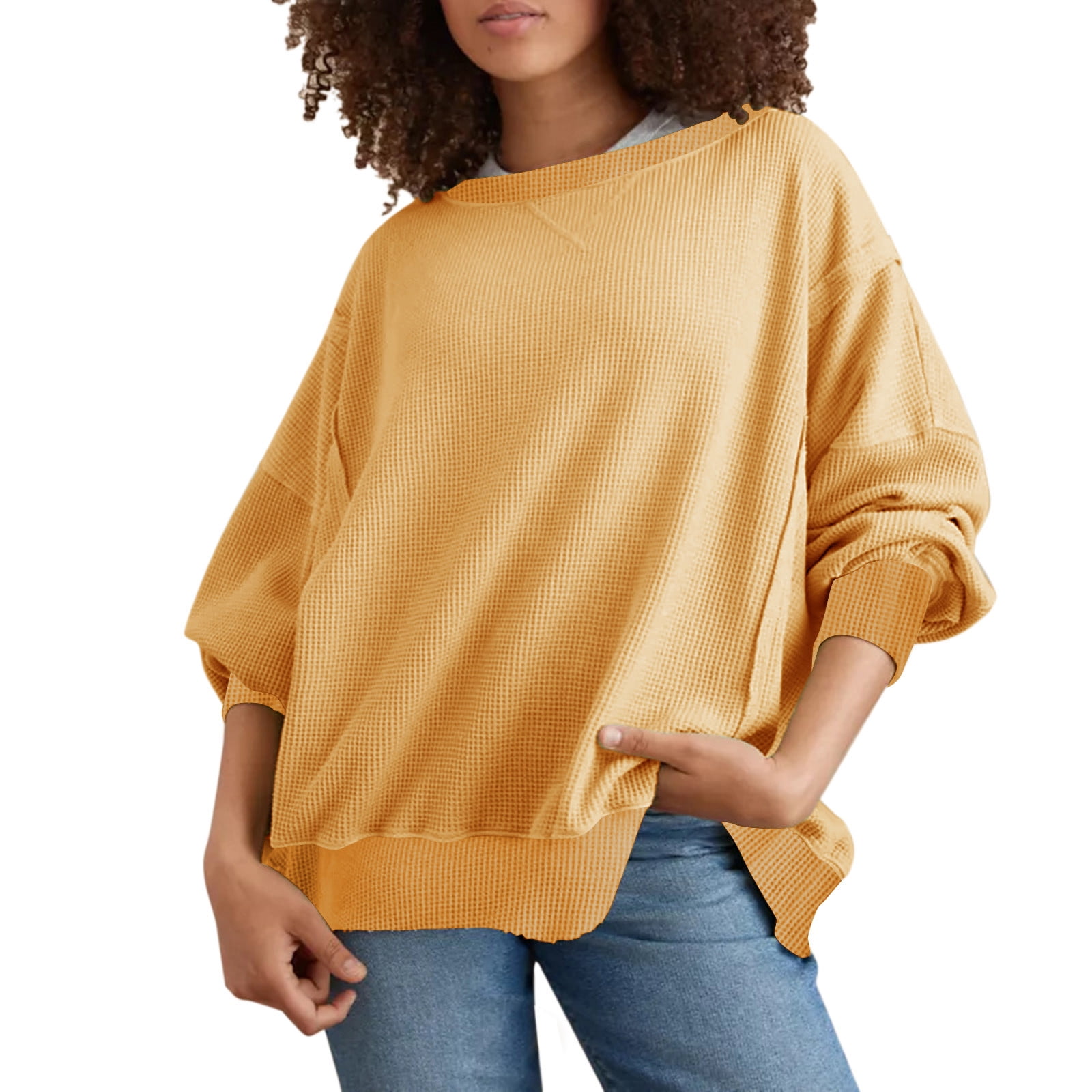 Waffle Knit Sweatshirts for Women Trendy Loose Crew Neck Drop Shoulder ...