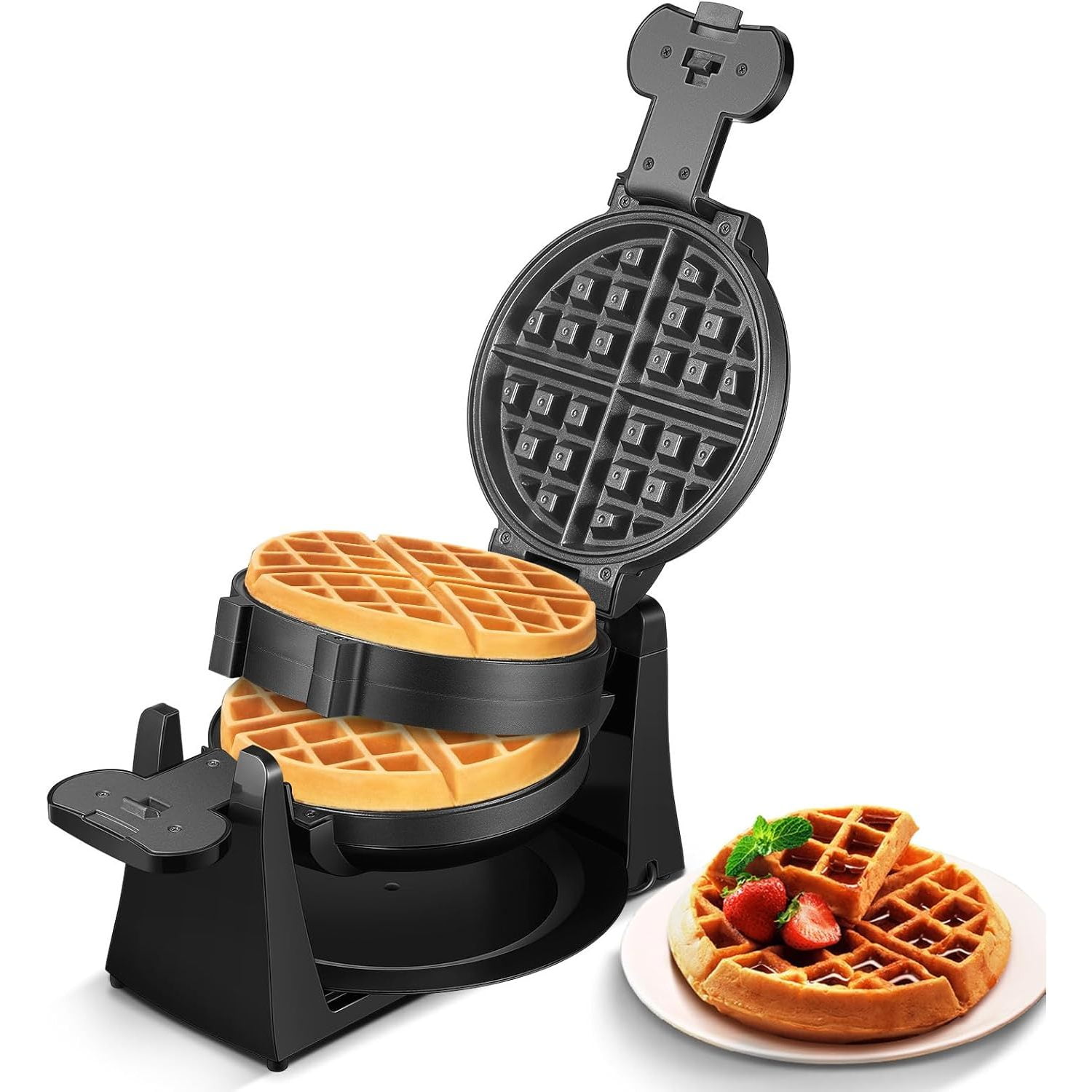 Waffle Maker, 1400W Double Belgian Waffle Iron 180° Flip, 8 Slices in 3 Mins, Rotating ...