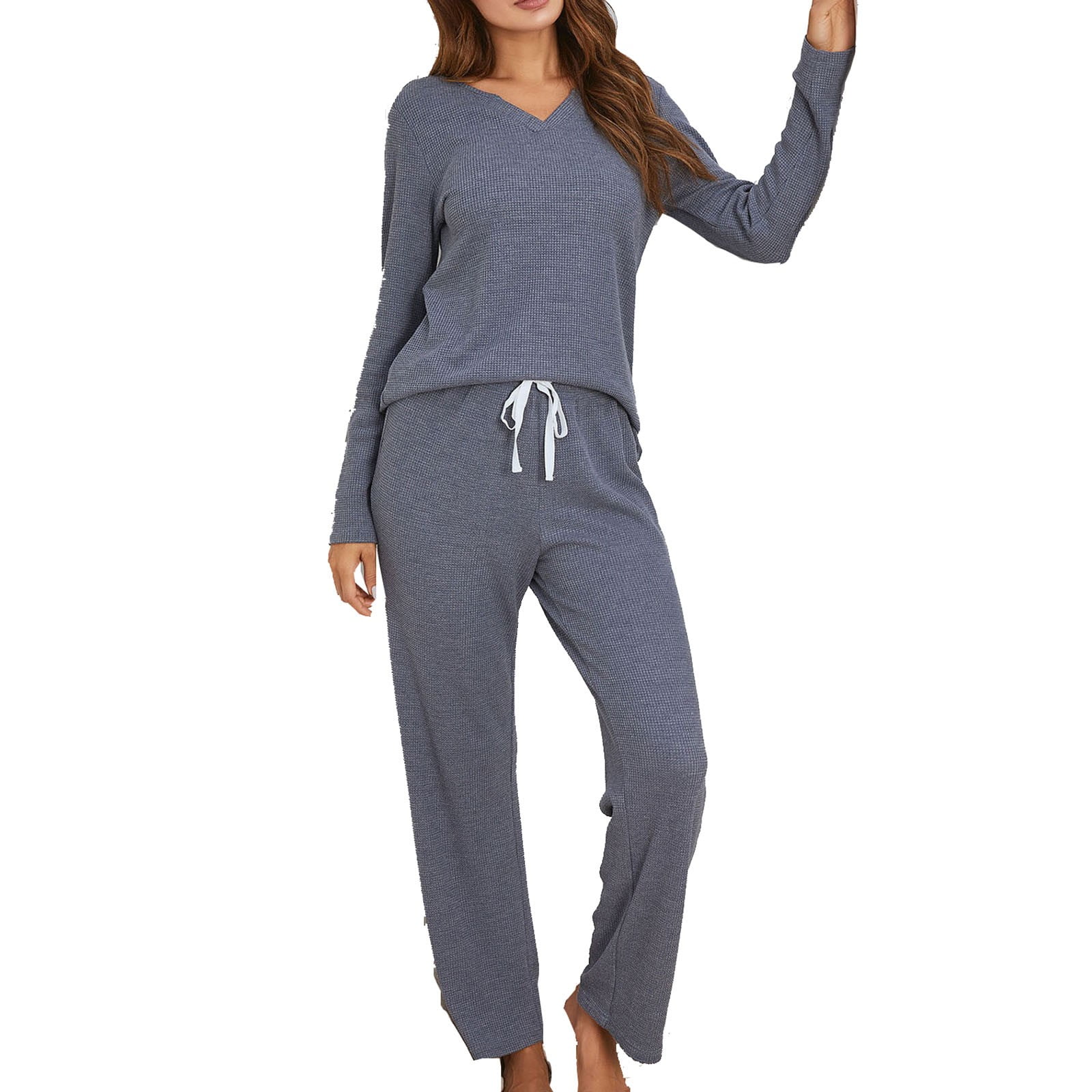 Waffle Pajama Sets for Women UK,Ladies 2 Pieces Pjs Set Soft Casual V ...