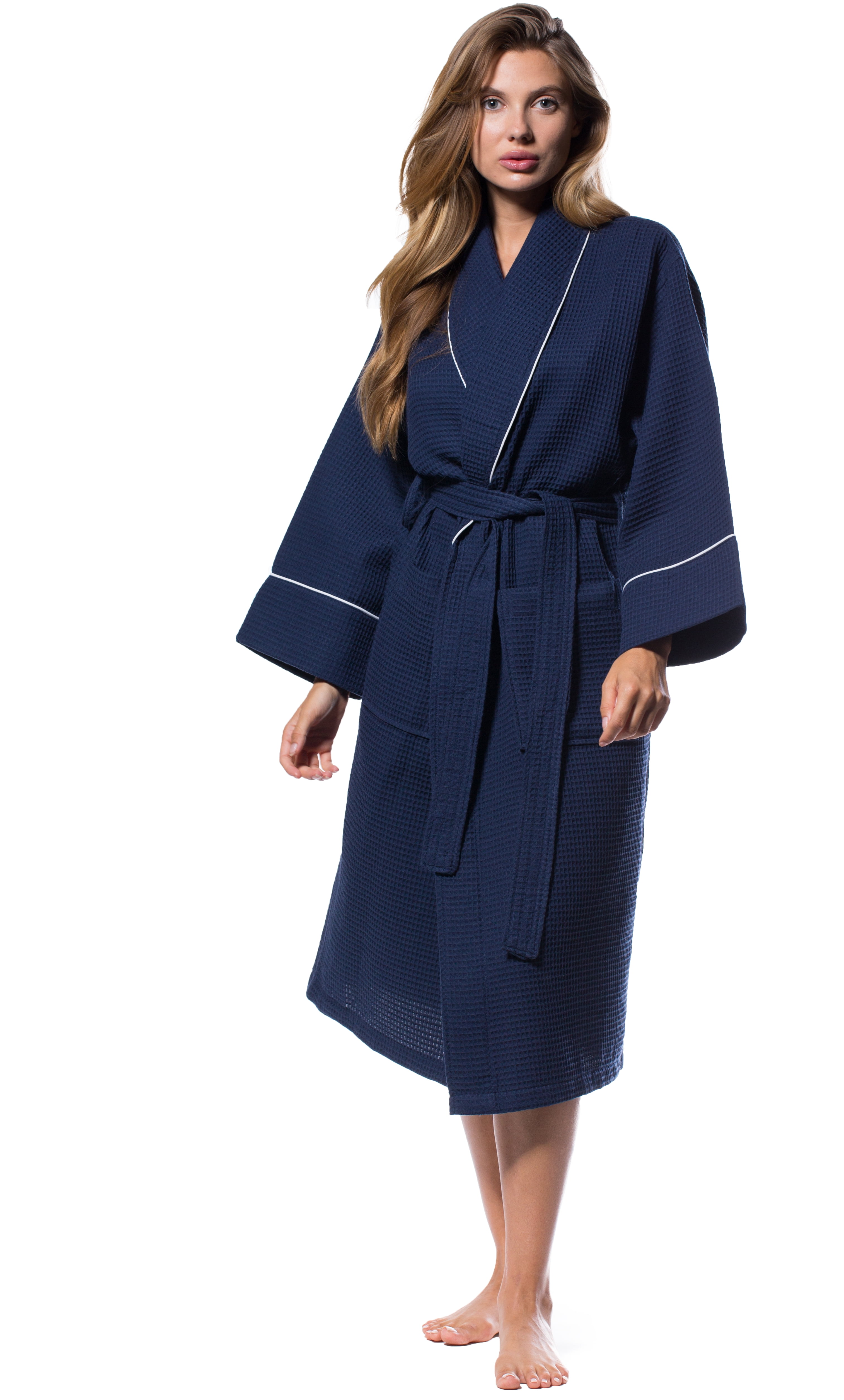 Waffle Shawl Long Robe Square Pattern Navy Blue - Walmart.com