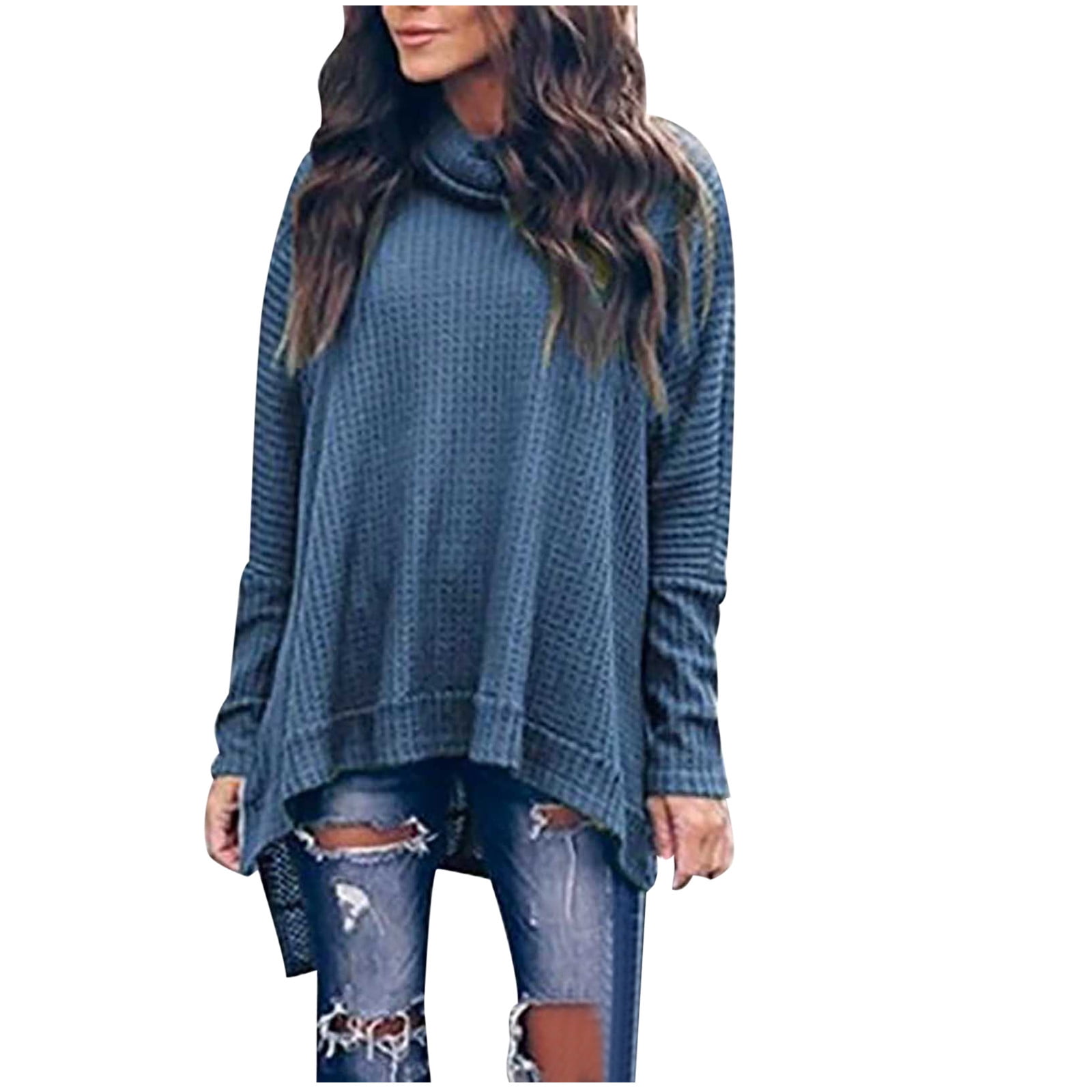 Waffle Sweater for Women Turtleneck Batwing Sleeve Sweater Side Slit ...