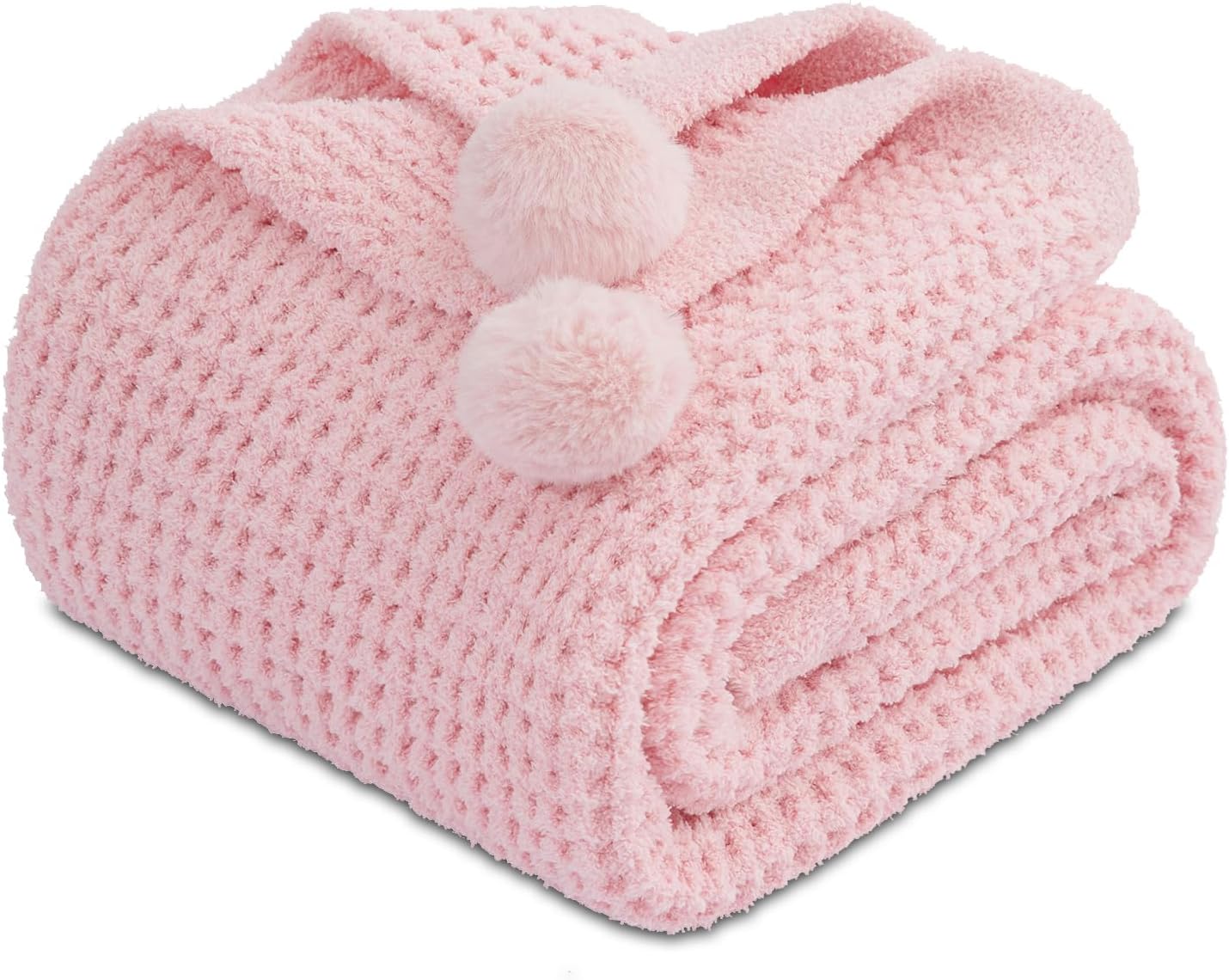 Waffle Throw Blanket with Pom Poms- Ultra-Soft Warm Fuzzy Knit Blanket ...