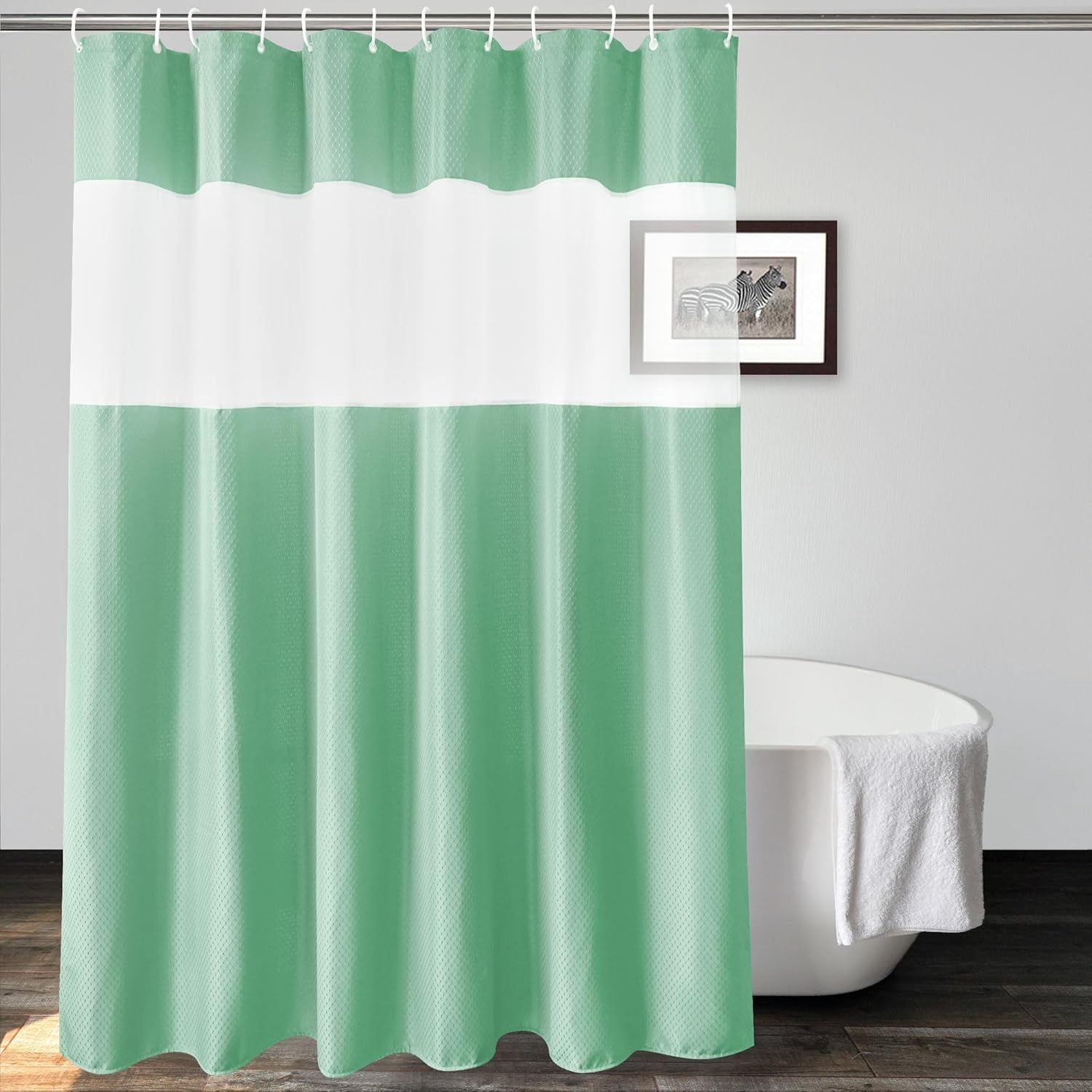 Waffle Weave Fabric Shower Curtain with Mesh Window, Heavy Duty ...