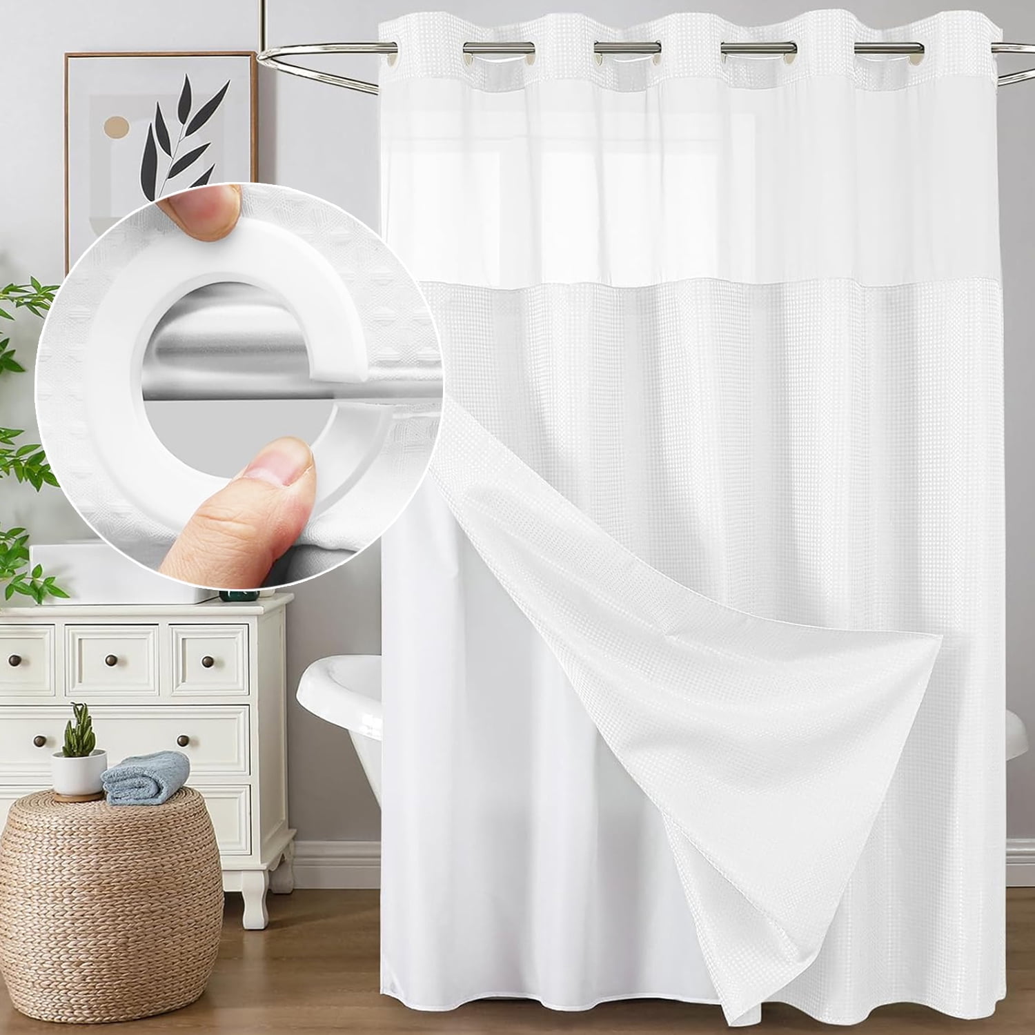 DawnJoanHD No Hook Shower Curtain with Snap in Fabric Liner, Waffle ...