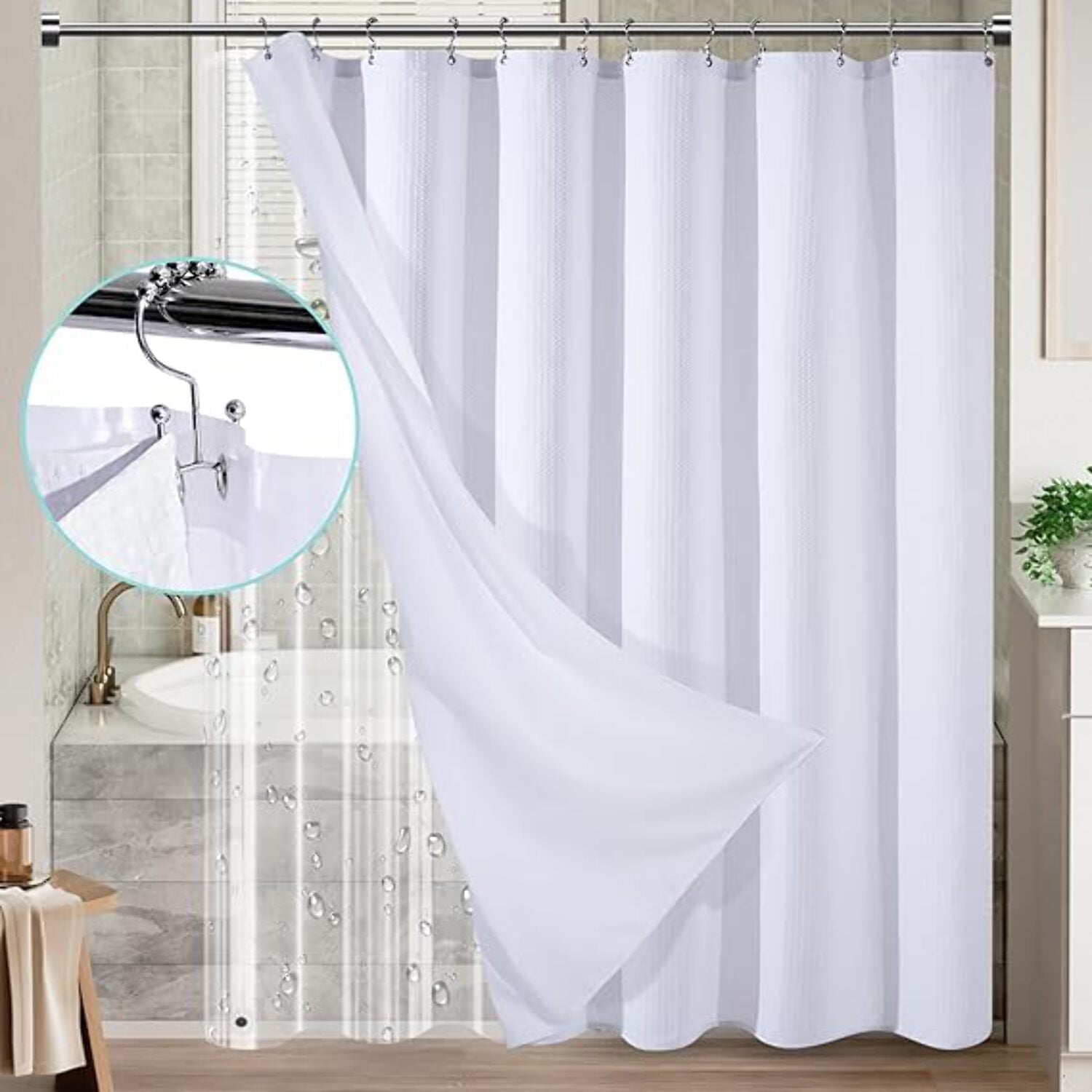 Waffle Weave Shower Curtain and PEVA Liner Set with Hooks, White, 3 ...