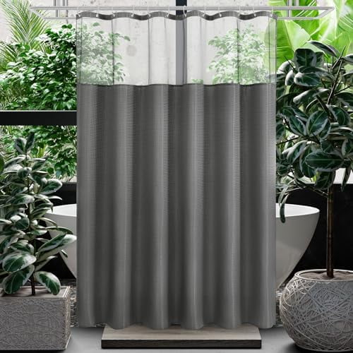 Waffle Weave Shower Curtain with Mesh Top Window and Hooks Set, Spa ...