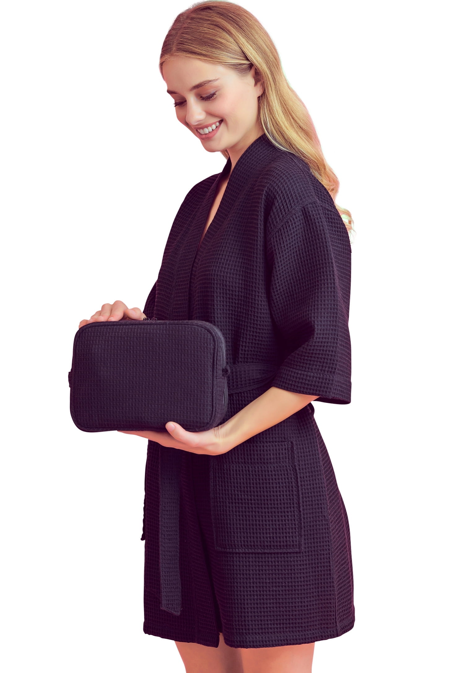 Waffle Women's Robe with Complimentary Makeup Bag - Chic Thigh-Length ...