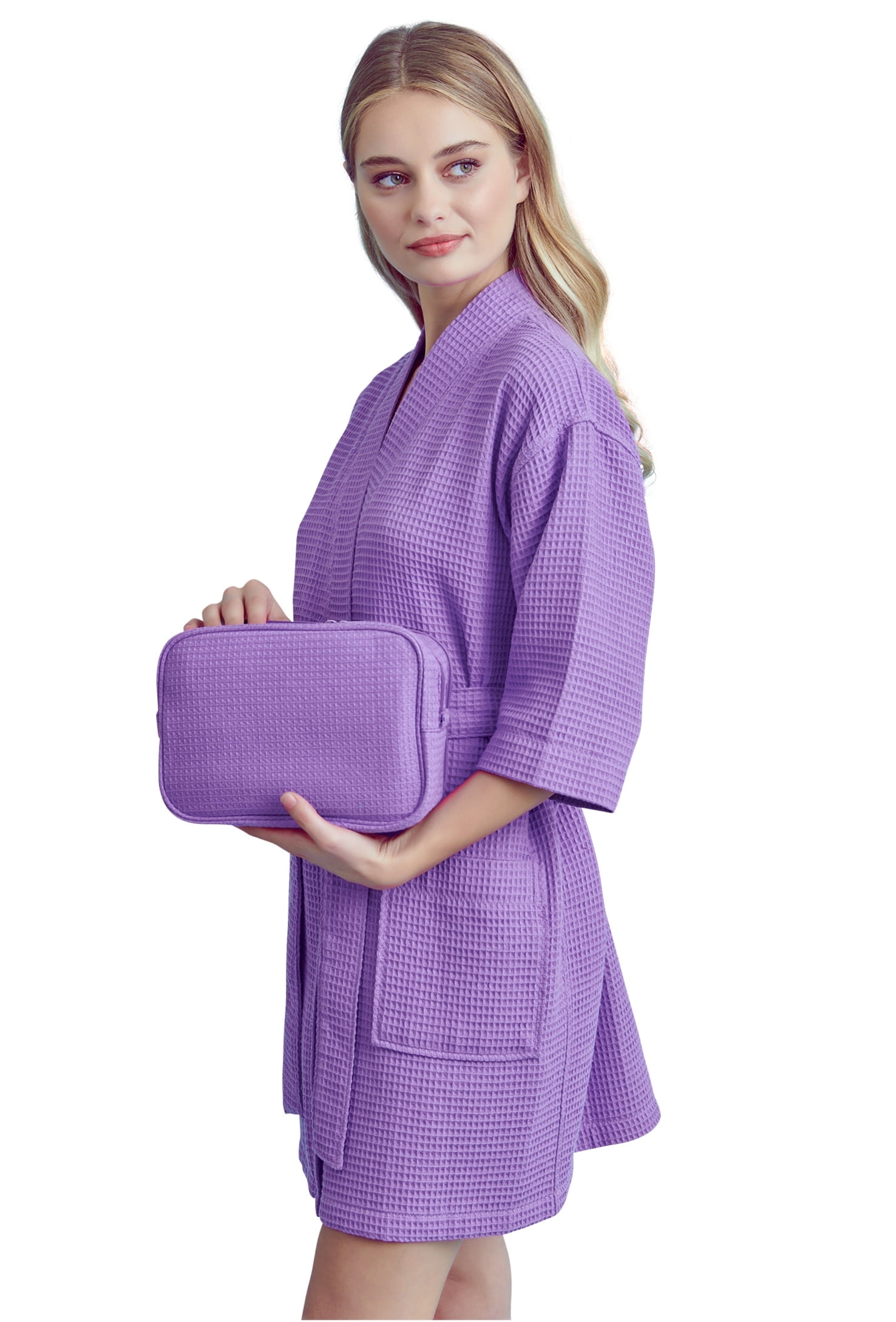 Waffle Women's Robe with Complimentary Makeup Bag - Chic Thigh-Length ...