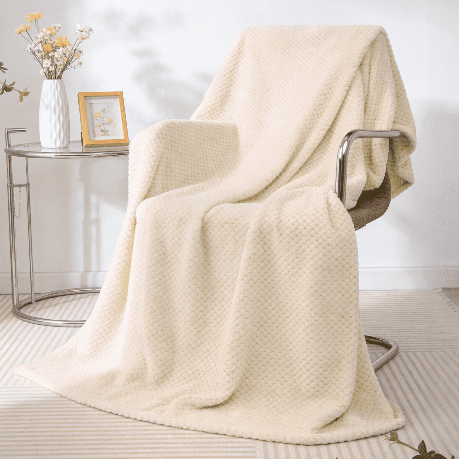 Throw Blanket, Beige Decorative Throws with Waffle Wave Design, Super ...