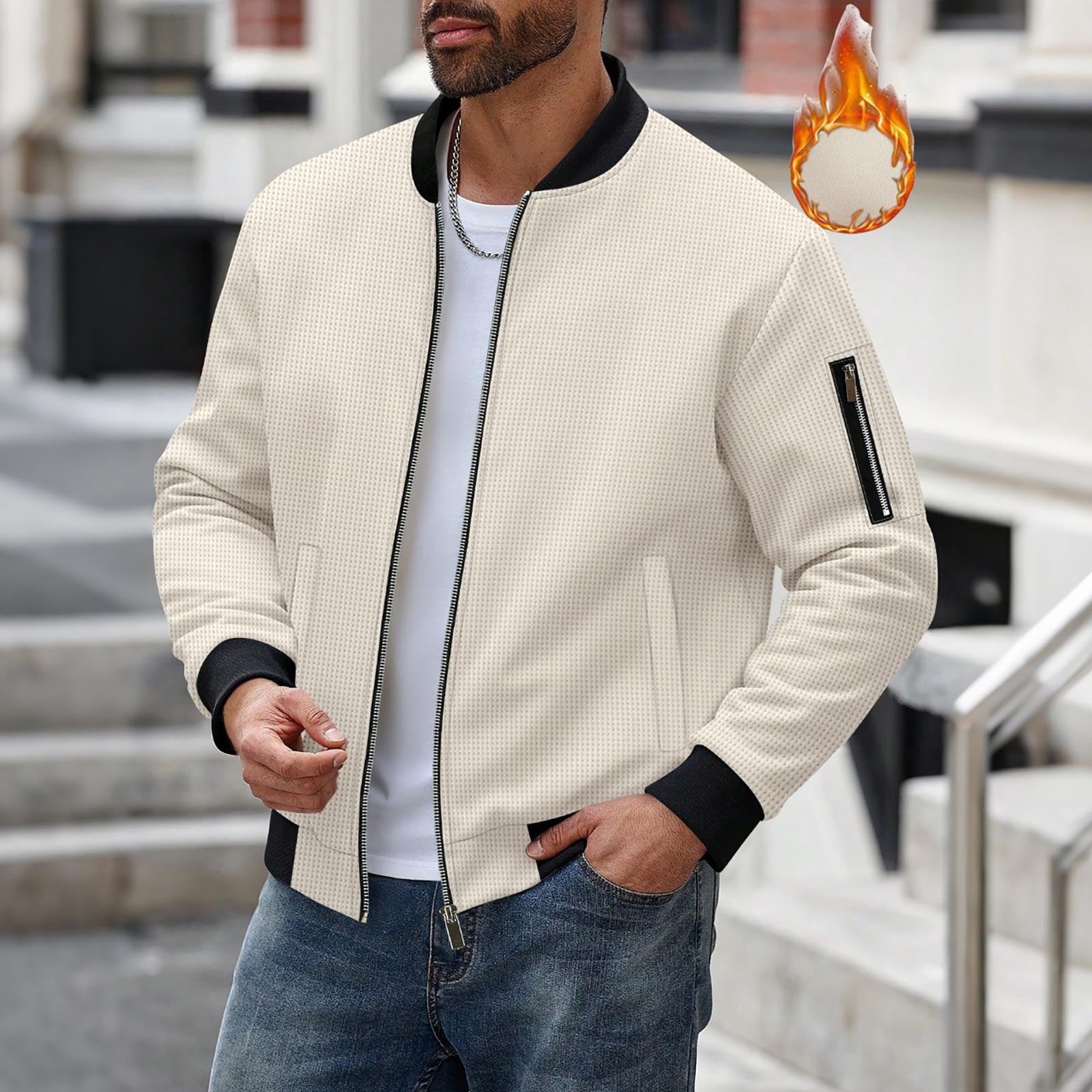 Waffleknit Jackets for Men with Pockets Long Sleeve Zip Up Coats Mens ...