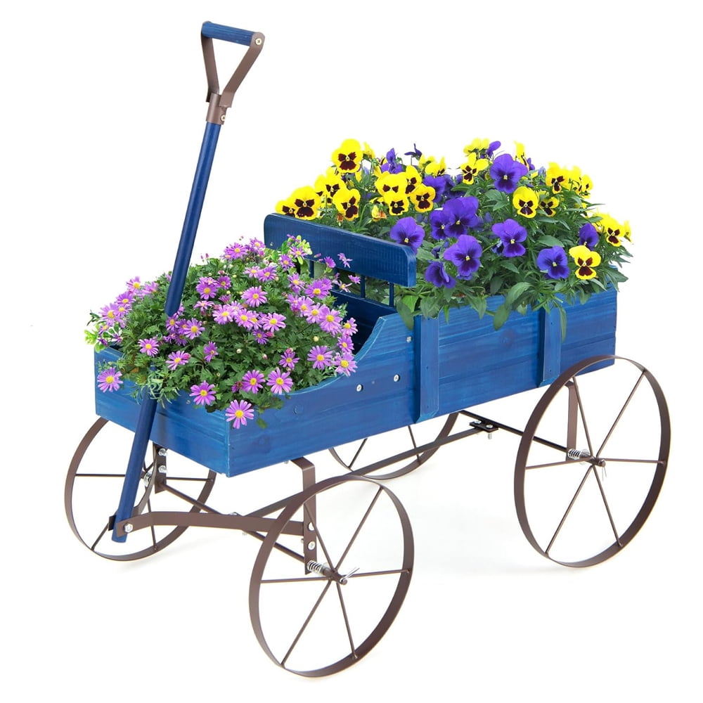 Wagon Planter, Decorative Wooden Garden Planter with Wheels, 2 Planting ...