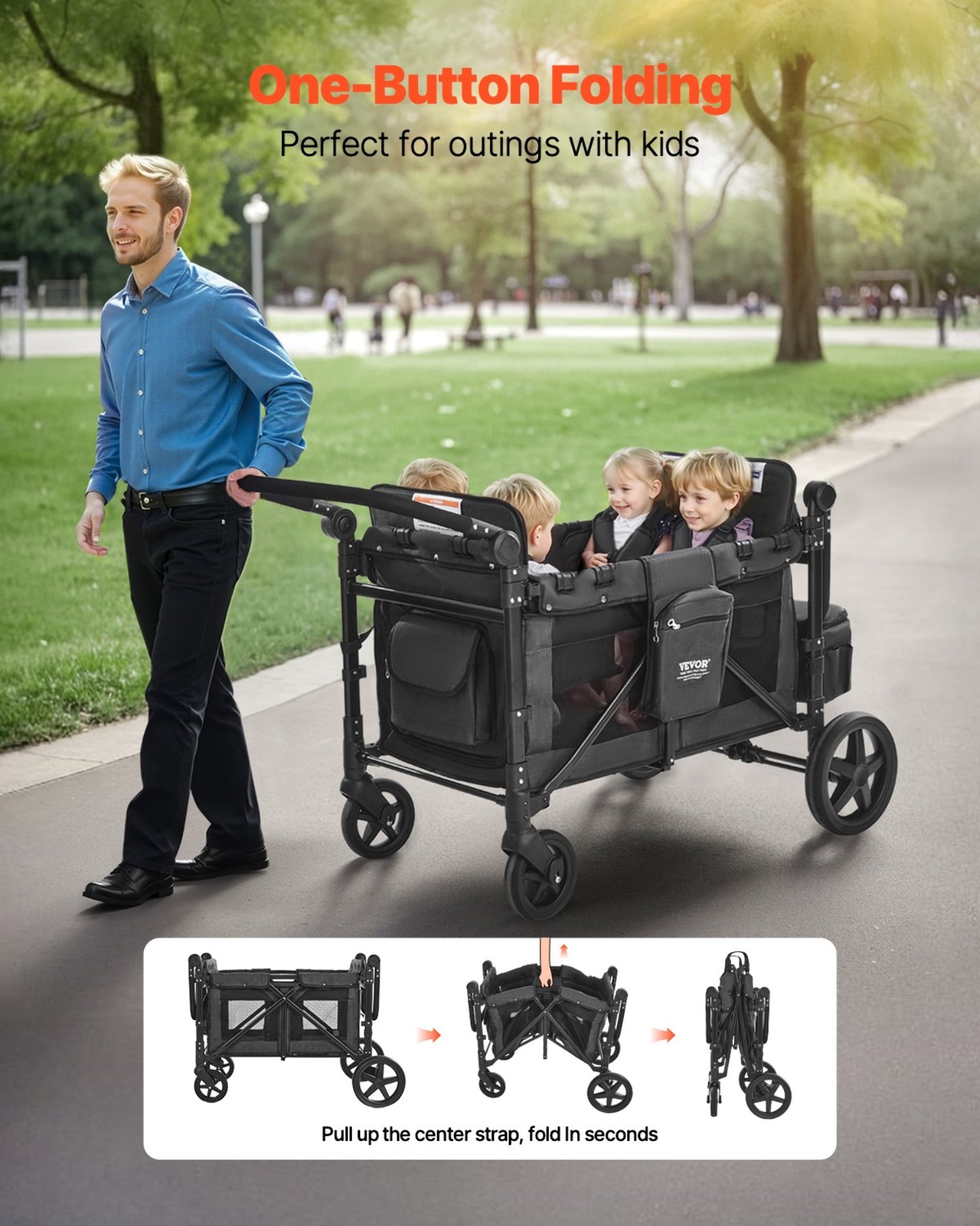 Wagon Stroller for 4 Kids Push Pull Quad Collapsible Stroller for ...