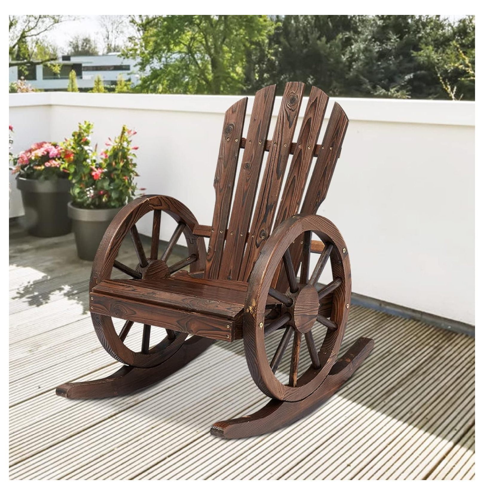 Wagon Wheel Rocking Chair Outdoor Patio Rustic Fir Wood Armrest Chairs ...