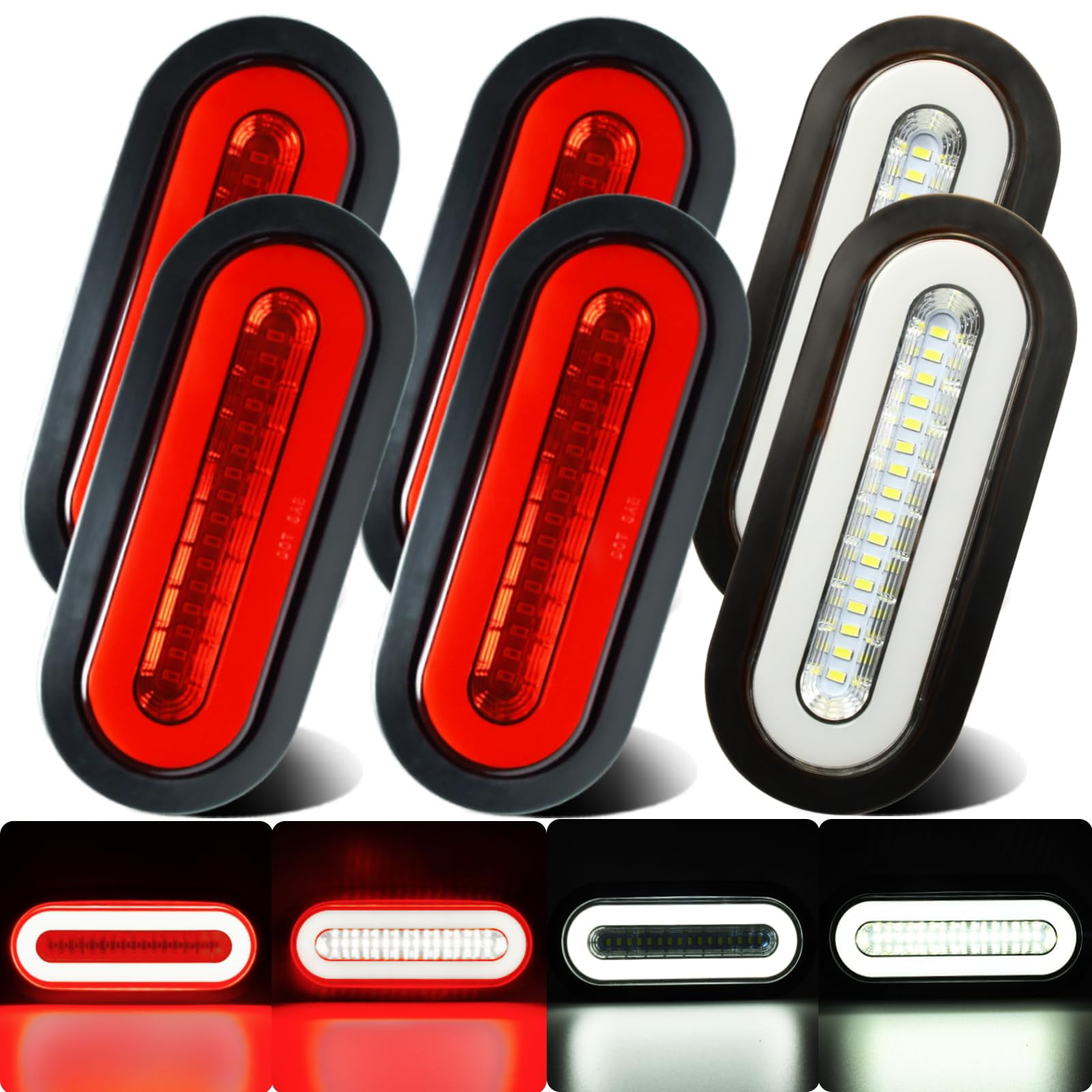 WahMOTOTin 6pcs 6" inch IFF17 Oval LED Trailer Halo Tail Lights,4x Red ...