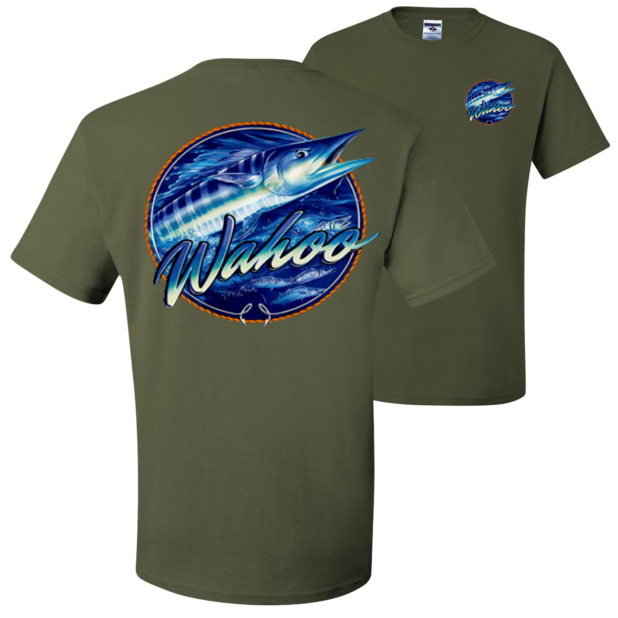 Wahoo Fish Lovers Graphic FRONT AND BACK Mens T-shirts , Military Green ...