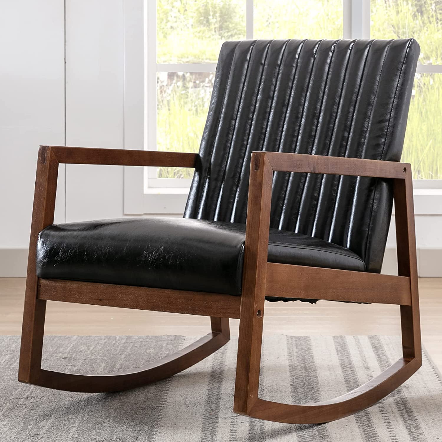 Wahson Mid Century Wood Rocking Chair, Nursing Chair, Faux Leather ...