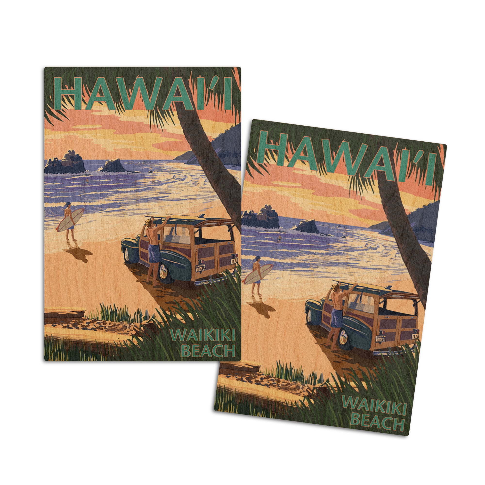 Waikiki Beach, Hawai'i, Woody on Beach (4x6 Birch Wood Postcards, 2 ...
